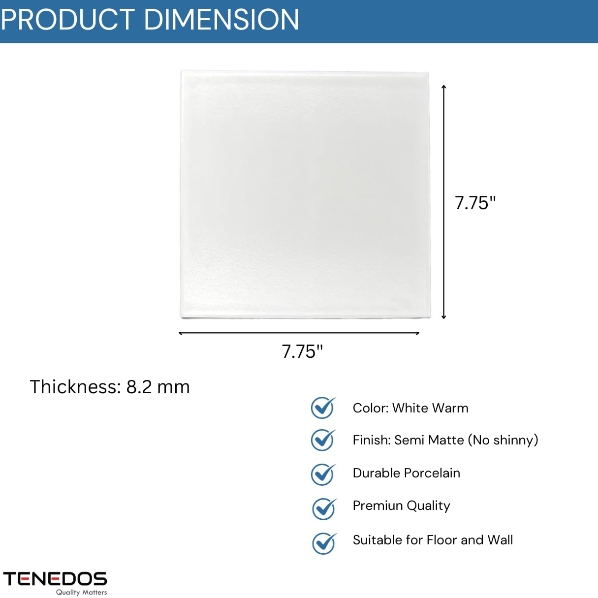 White 8x8 Subway Square Porcelain Floor Wall Tile Matte Finish (Box of 12.7 Sqft - 30 Pieces) for Backsplash Kitchen, Accent Decor, Bathroom Shower Tile by Tenedos