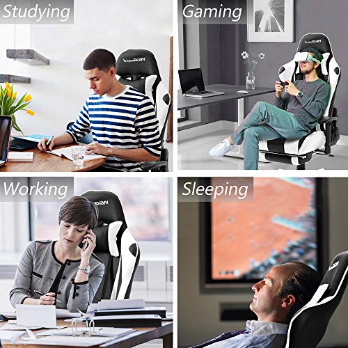 WeGuard Massage Gaming Chair Racing Office Computer Game Chair Swivel Ergonomic Executive PU Leather Chair with Adjustable Headrest and Lumbar and Support Retractable Footrest (White)