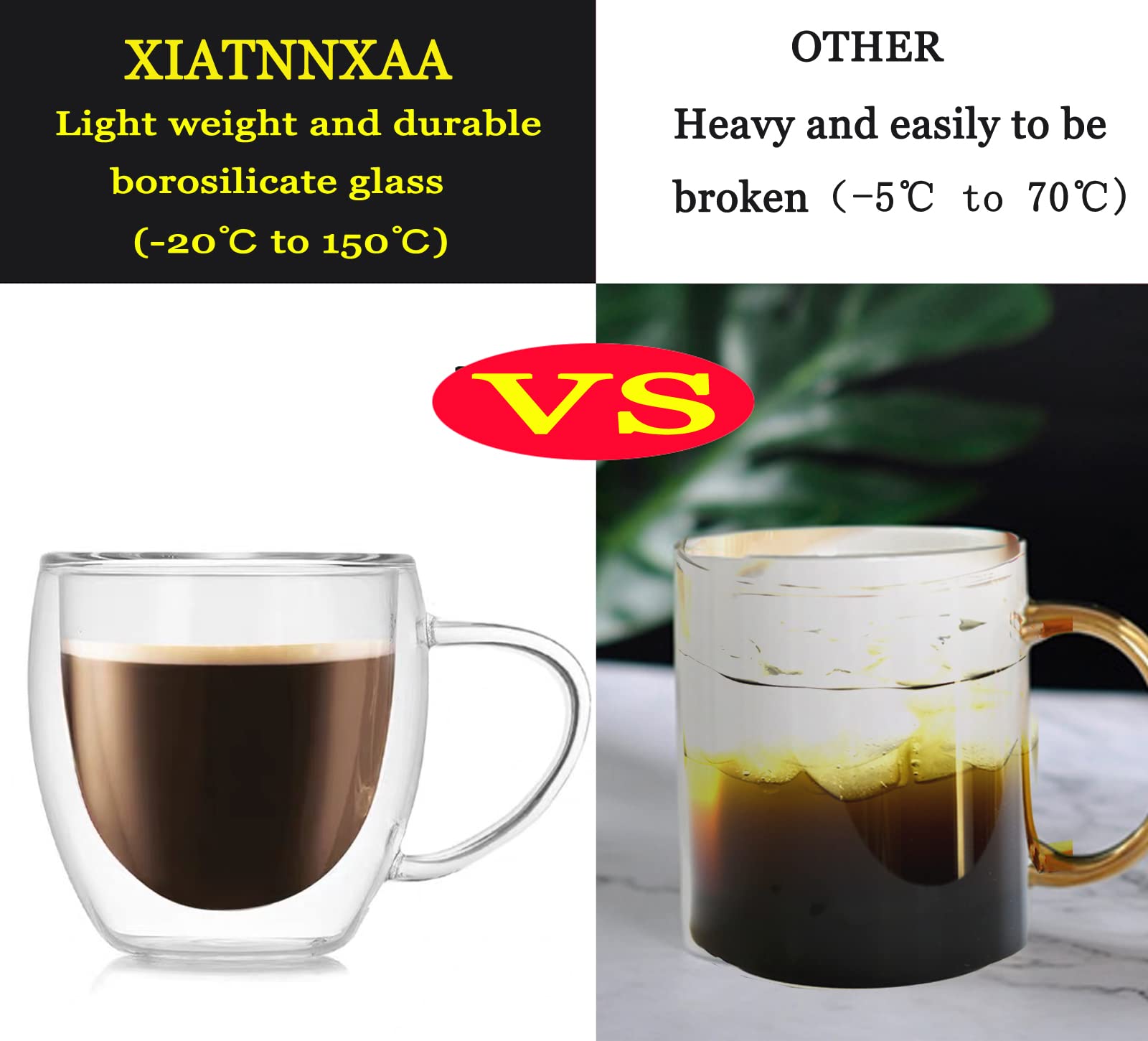 xiatnnxaa Insulated Glass Coffee Mug With Handle, 8 Ounce Clear Coffee Cup, 2 Pack Insulated Glass Espresso Mugs, Double Wall Coffee Mugs for Tea, Espresso, Cappuccino, Latte, Water Cold hot Beverages