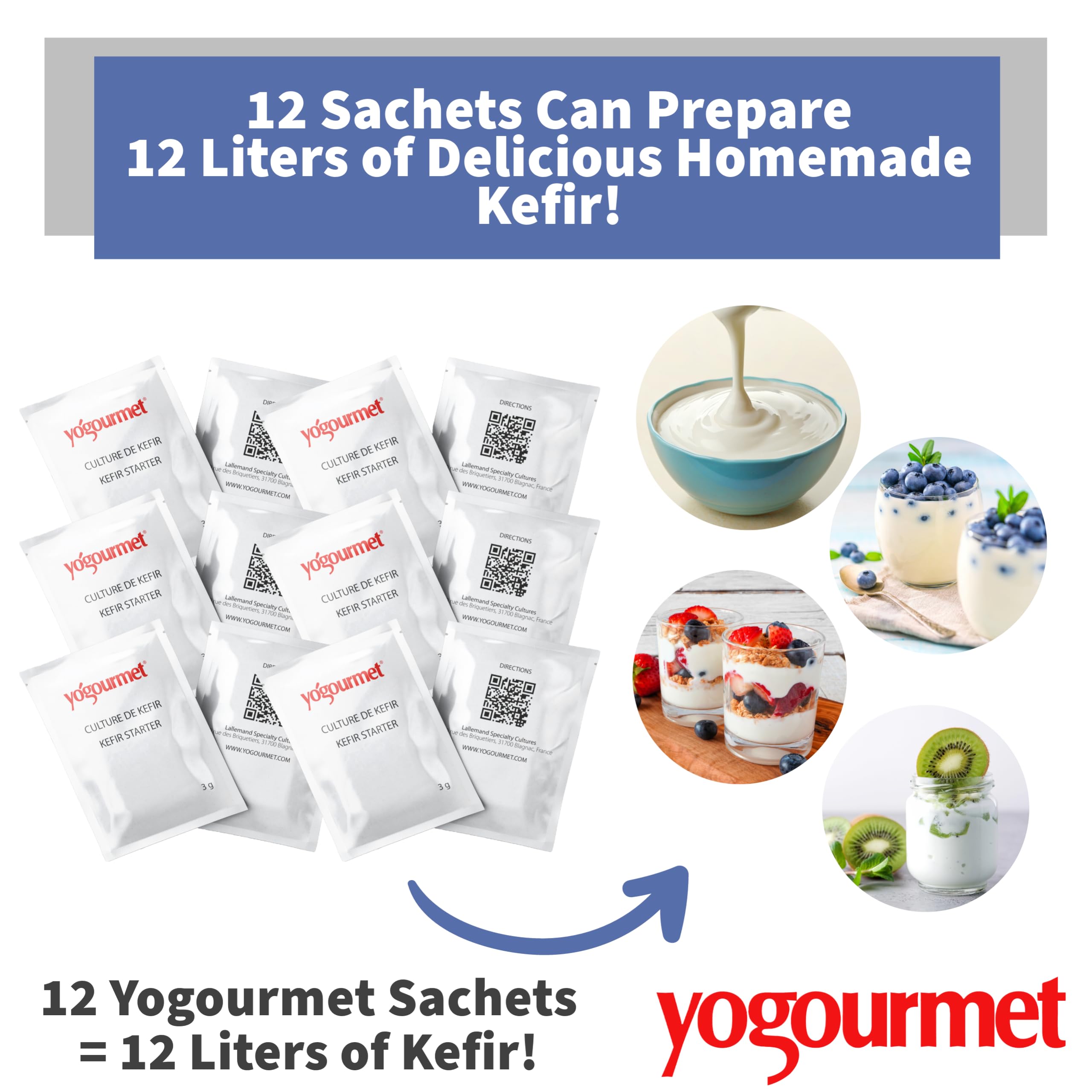 Yogourmet Kefir Starter (12 Pack Bulk Version) - Make Kefir at Home - Starter Culture - All Natural, Gluten Free, Kosher, Halal - 3 g Sachets