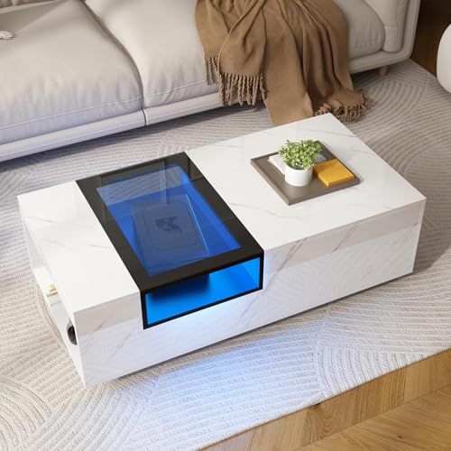 Uspeedy 47.3IN LED Coffee Table, White Coffee Table for Living Room,High Gloss Modern Coffee Table with APP Control, Large Coffee Table with Marbling Print(Marbling)