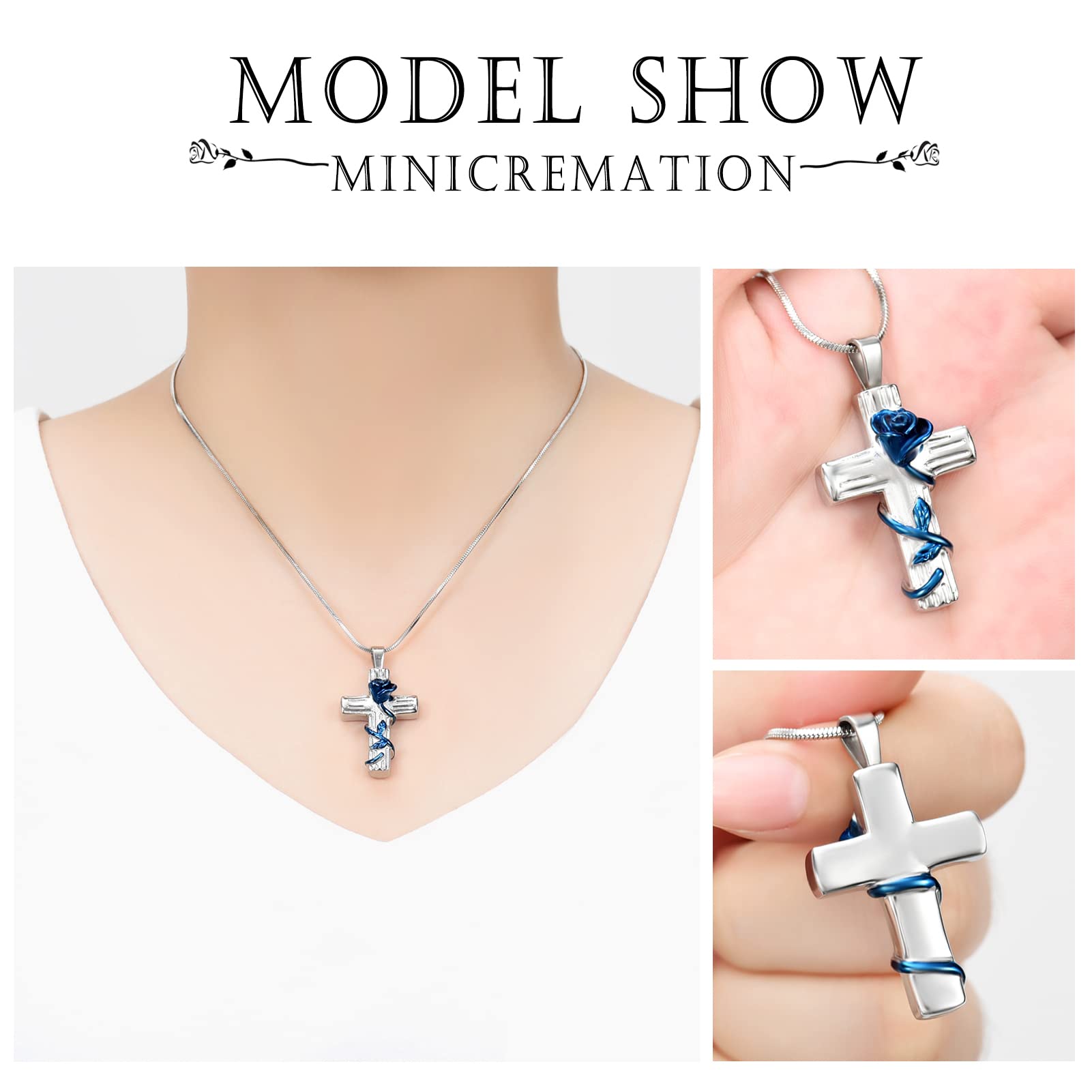 Urn Necklace for Ashes Rose Flower Cross Cremation Jewelry Pendant for Human/Pet Funeral Keepsake Memorial Necklace(Blue)