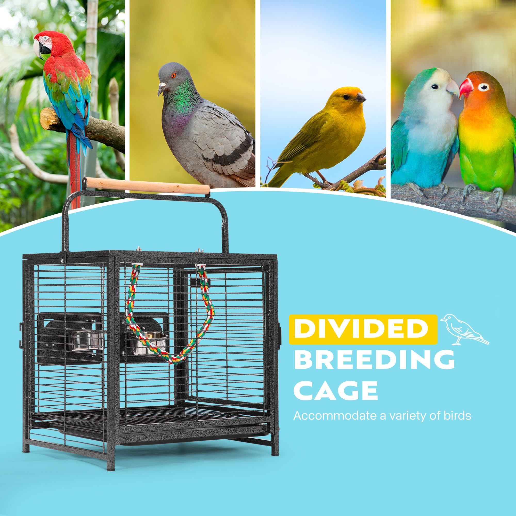 VIVOHOME 19 Inch Wrought Iron Bird Travel Carrier Cage for Parrots Conures Lovebird Cockatiel Parakeets White
