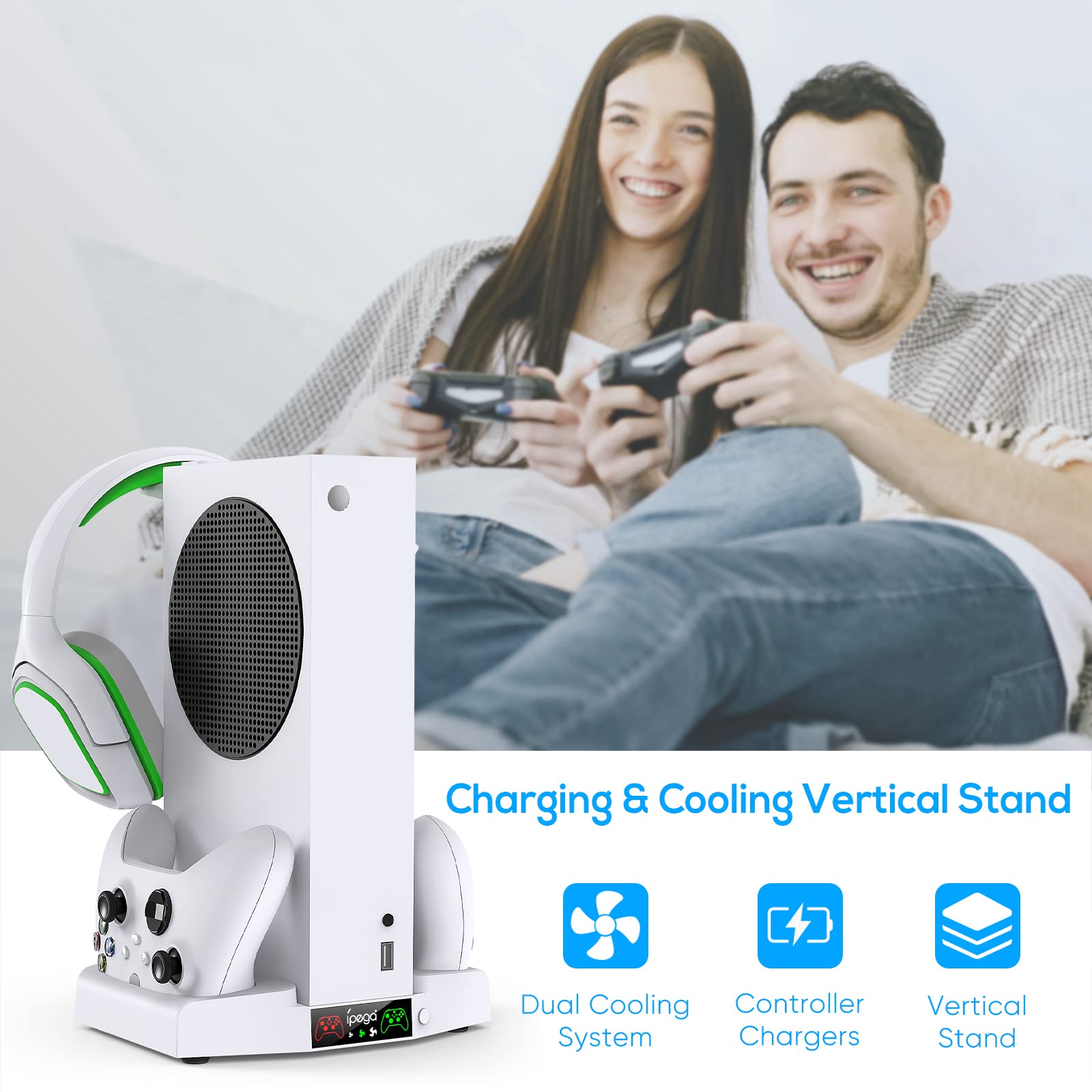 Vertical Cooling Stand for Xbox Series S Console, MENEEA Dual Charging Station Dock for Controller with Adjustable 3 Level Wind Cooling Fans and 1x Headphone Stand, Cooling Charger Accessories (White)