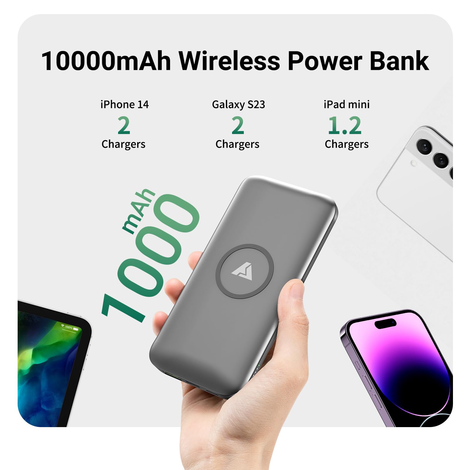 YOLANESS 10000mah mobile Power supply, 10W wireless charging power Bank and charging dock, 3 in 1 Power Bank Stand Dock,1 USB-C input/output (18W), 1 USB-A output, for iPhone and Android