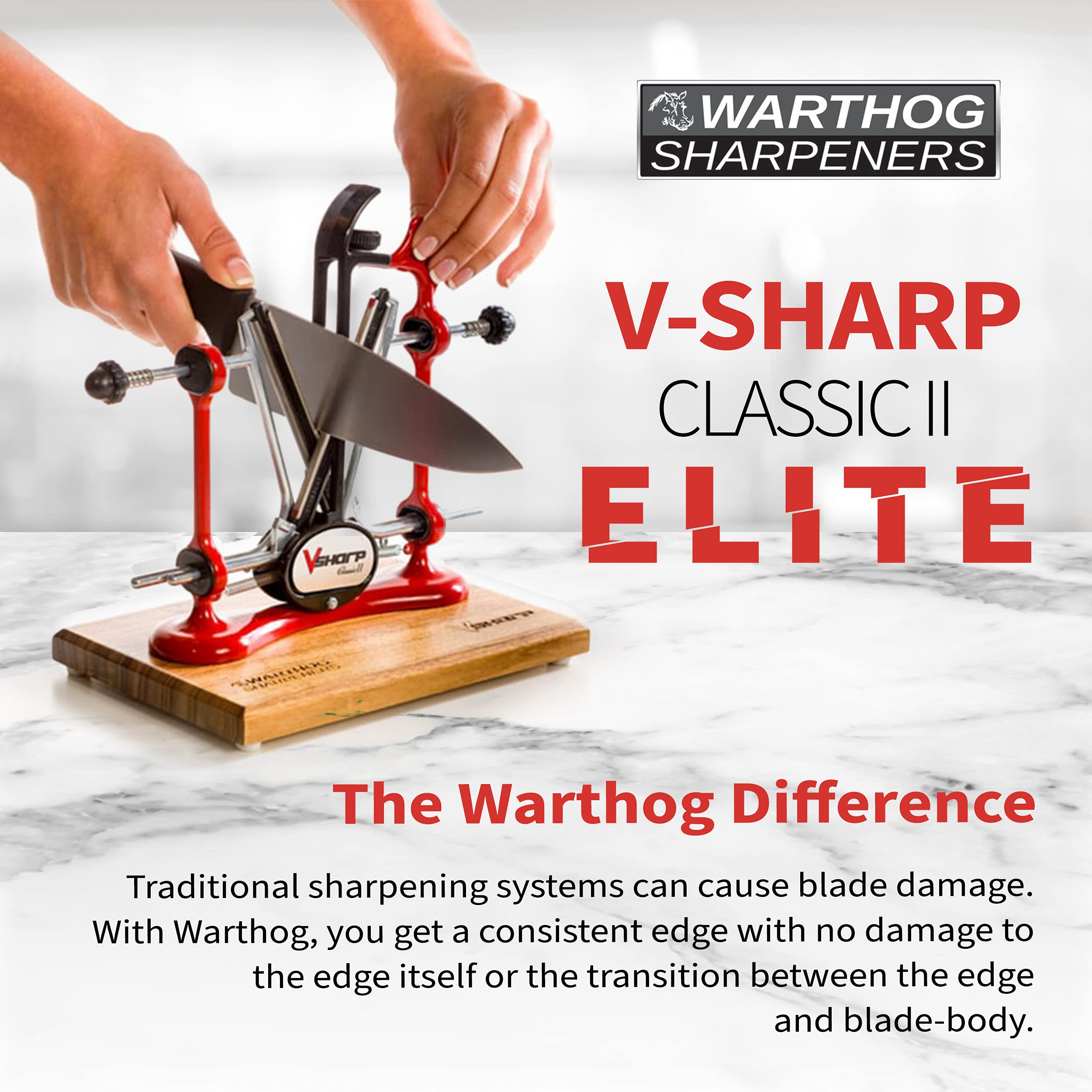 Warthog V-Sharp Elite Knife Sharpeners with Deluxe Wooden Base, 325 Grit Diamond Rods with Adjustable Angles, Professional Knife Sharpener System, Metal Frame Construction, Red