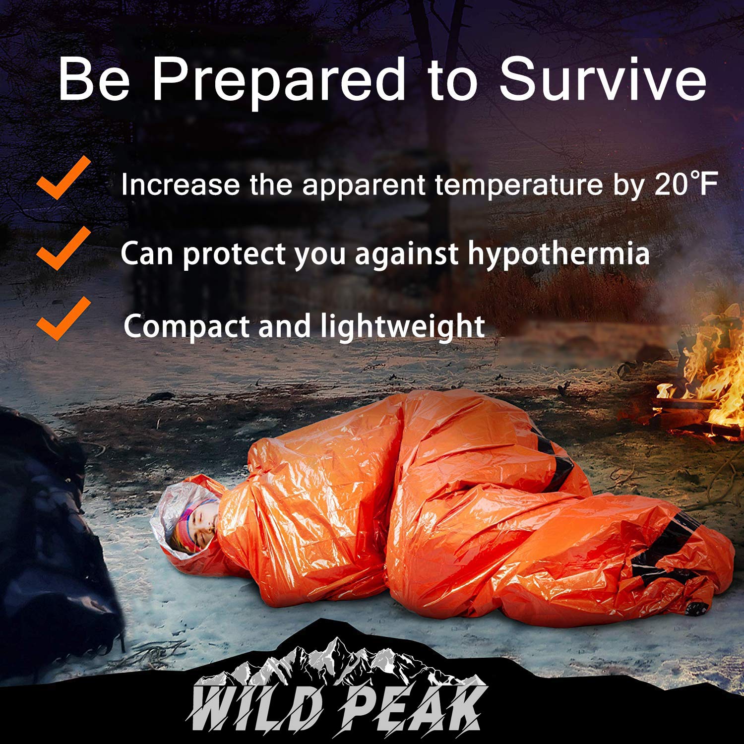 Wild Peak Emergency Waterproof Bivy Sack Sleeping Bag with Survival Gear Whistle - Ultra Lightweight, Compact Thermal Mylar Blanket, Reflective, Reusable, Durable Bivvy