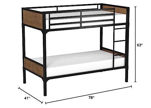Walker Edison Rustic Wood and Metal Pipe Twin Over Twin Bunk Bed Bunk bed Kids Bed Bedroom Storage Guard Rail Ladder, Twin Over Twin, Marble