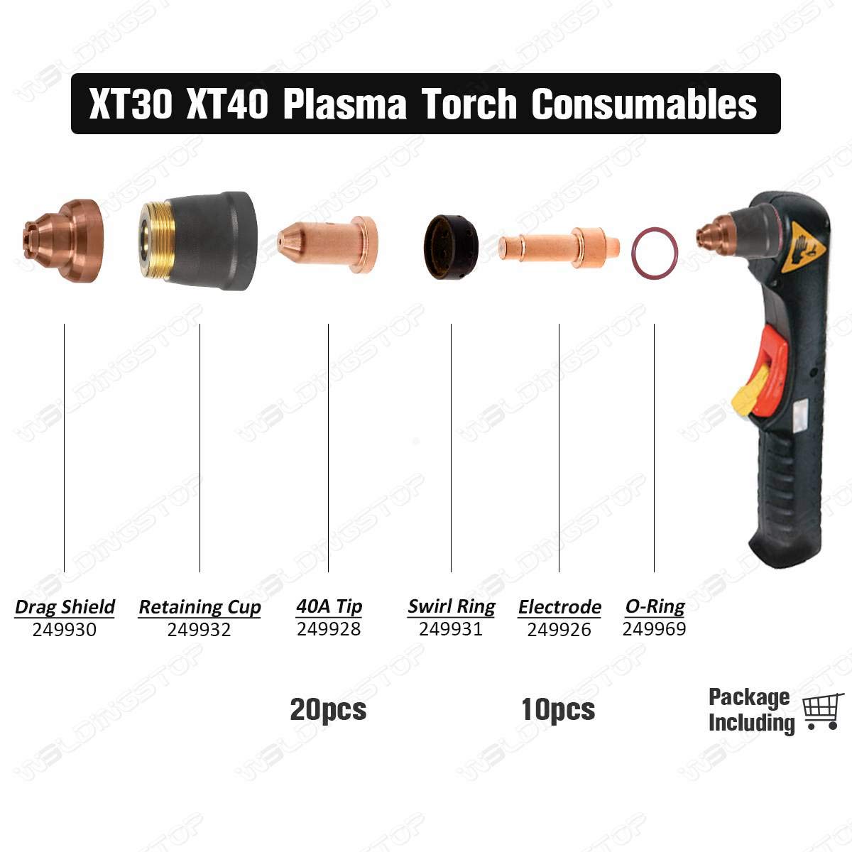 XT30 XT40 Plasma Cutting Torch Consumables for Miller Spectrum 375 625 X-TREME Cutter (249926 Electrode 249928 Tip 40A) 30pcs