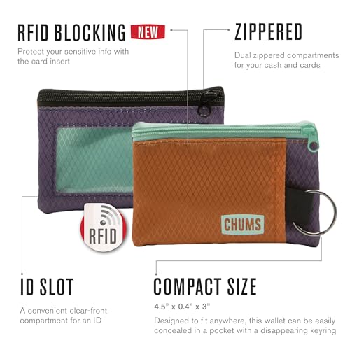 Chums Surfshorts Wallet - Lightweight Slim Wallet with RFID Blocking Card & Clear ID Window - Zippered, Water Resistant w/Key Ring (Blue/Green)
