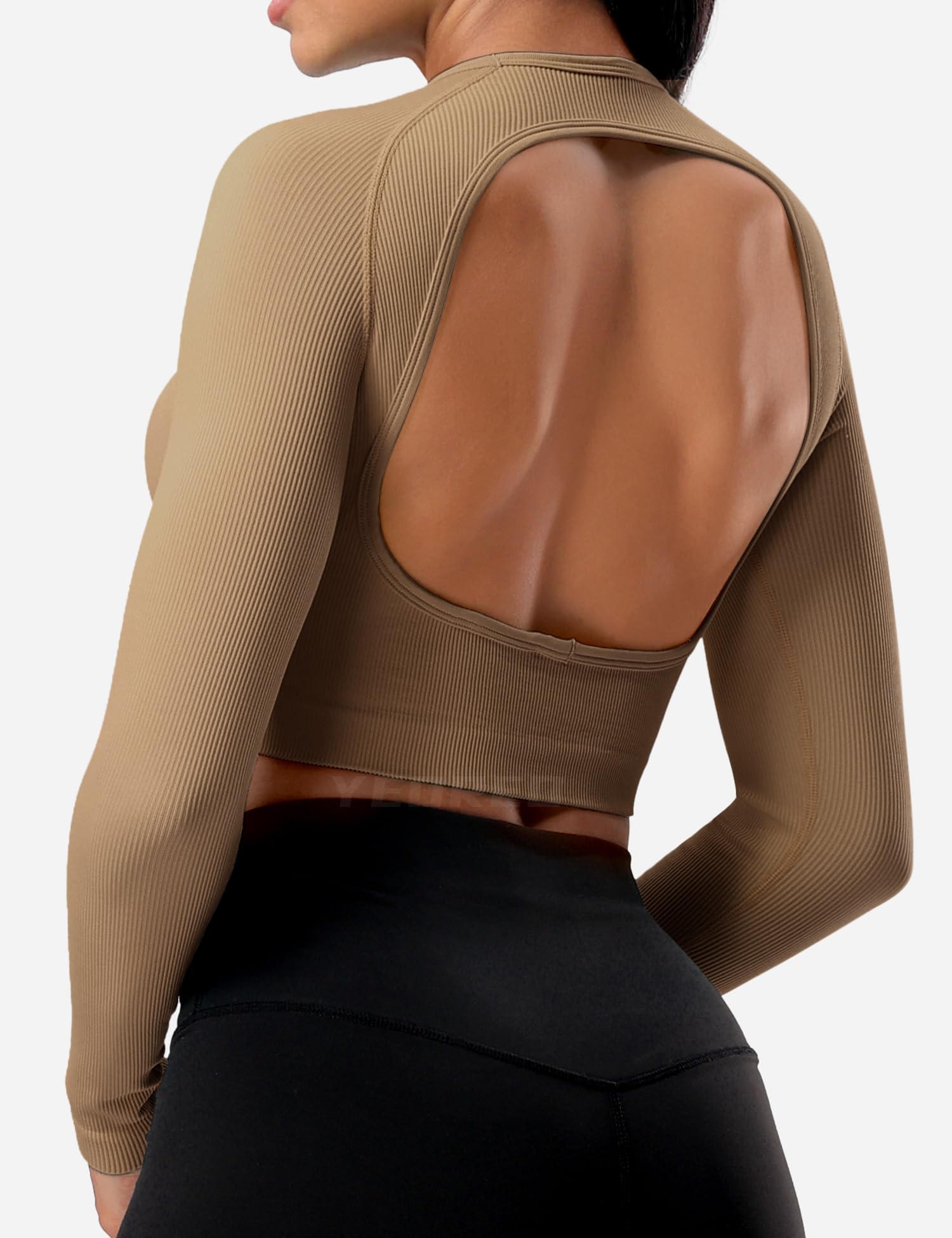 YEOREO Janelle Ribbed Open Back Top Womens Activewear T-Shirts Workout Yoga Gym Shirts Long Sleeve Tank Black