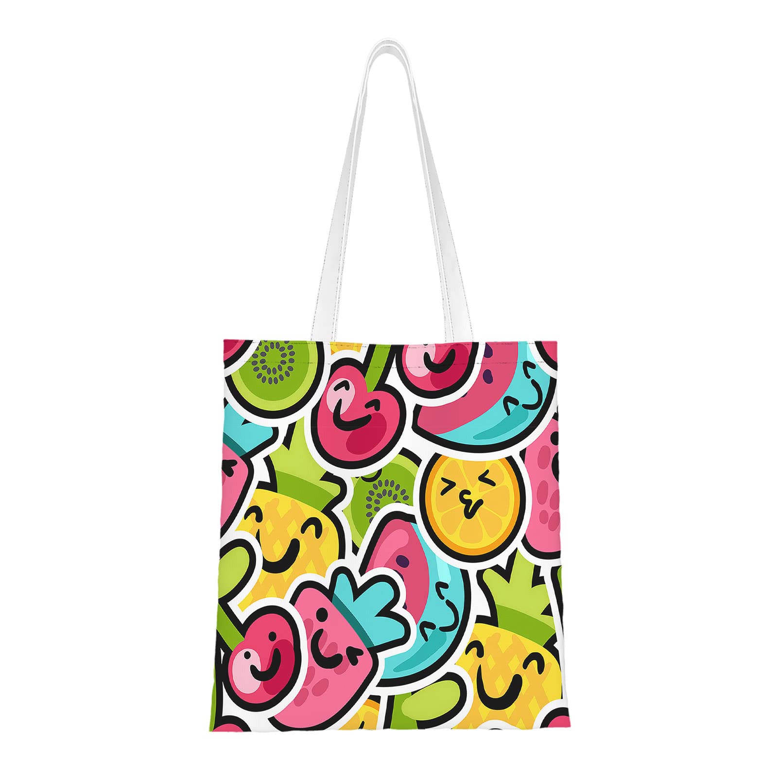 TifyDon Canvas Tote Bagļ¼Berries Fruit Mix Pattern Reusable Large Shopping Shoulder Tote Bag For Womenļ¼Lovely Funny Pineapple Orange Watermelon Cherries Kiwi Black Happy Beach Tote Bags Bulk