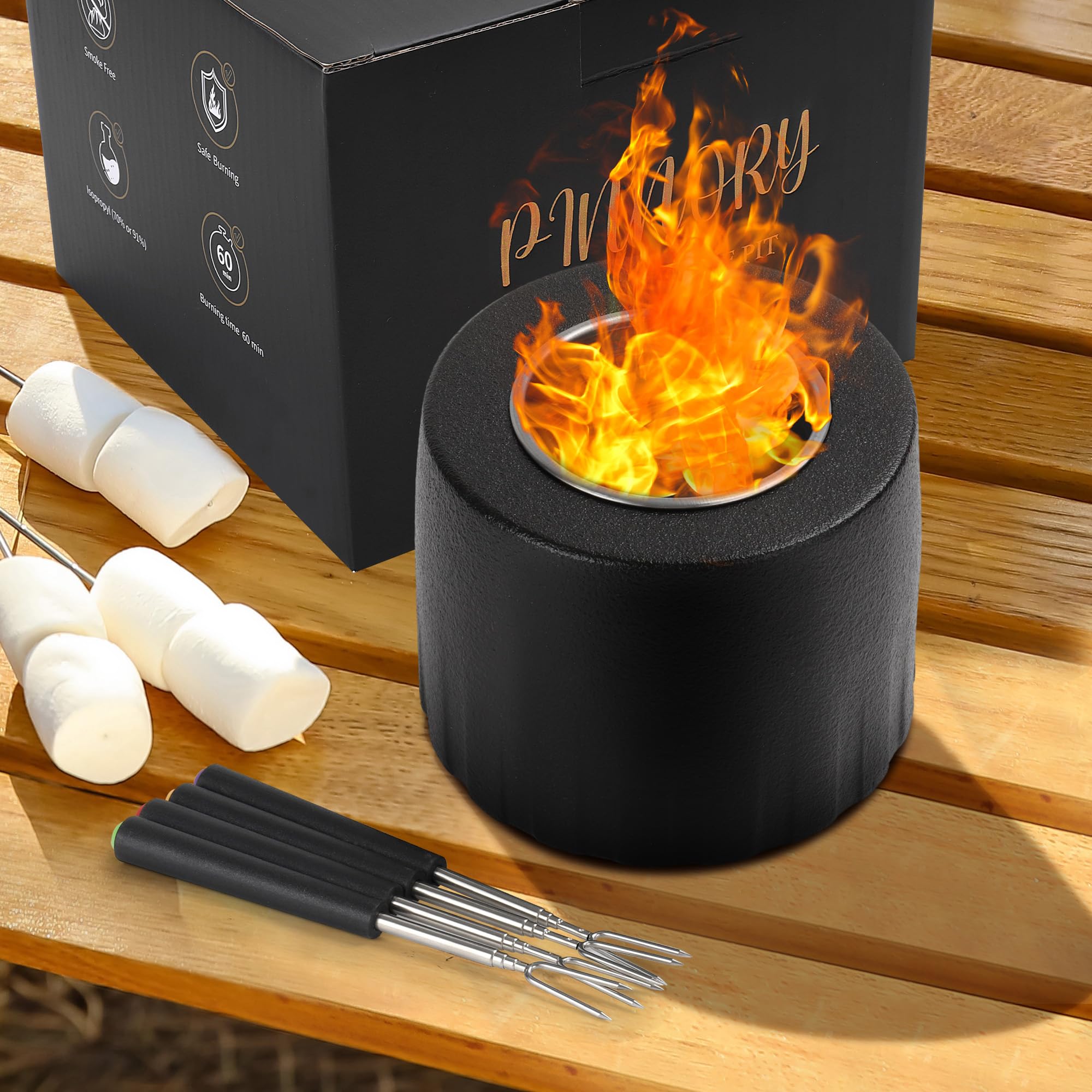 Table Top Fire Pit Bowl, Ceramic Fireplace with 4 Telescoping Roasting Sticks, Mini Portable Tabletop Firepit Smokeless Smores Maker, Indoor Outdoor Wedding Housewarming Birthday Gift