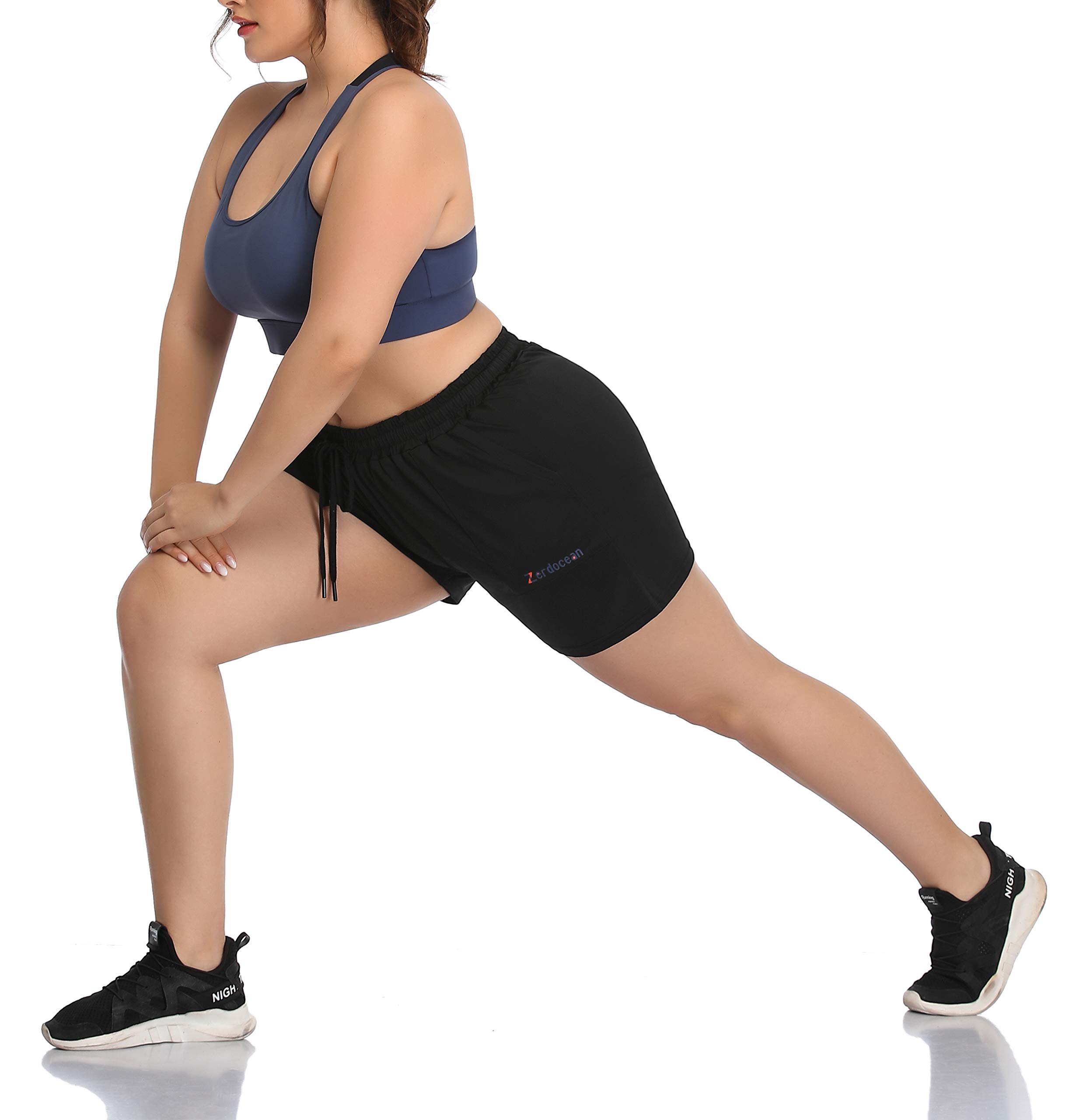 ZERDOCEAN Women's Plus Size Fitness Running Sports Shorts Gym Athletic Shorts Drawstring Waist Two Side Pockets Gray 3X