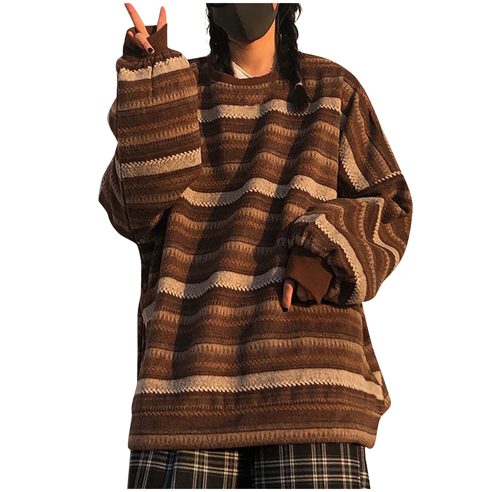 Women's Crewneck Color Block Striped Sweater Long Sleeve Loose Knit Plus Size Women Sweaters under 10 (Coffee, XXXXL),4X-Large