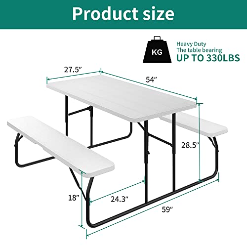 YITAHOME Folding Picnic Table w/Easy Assembly Steel Frame & Wood Like Tabletop, All Weather Folding Picnic Tables with Benches Ideal for Yard Patio Lawn Party, White