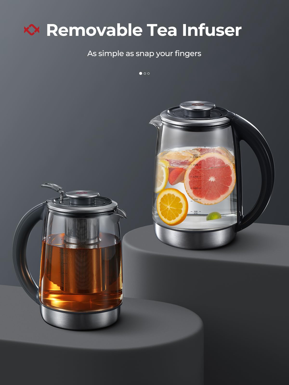 Tea Kettle Electric, AMEGAT Tea Pot with Removable Infuser, 9 Preset Brewing Programs Tea Maker with Temperature Control, 2 Hours Keep Warm, 1.7L Electric Kettles, 1200W, Glass and Stainless Steel