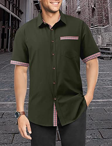 TUREFACE Casual Plaid Shirts for Men Plus Size Dress Shirt Short Sleeve Button Down Regular Fit Spread Collar Cotton Shirts(Olive Green,3XL)
