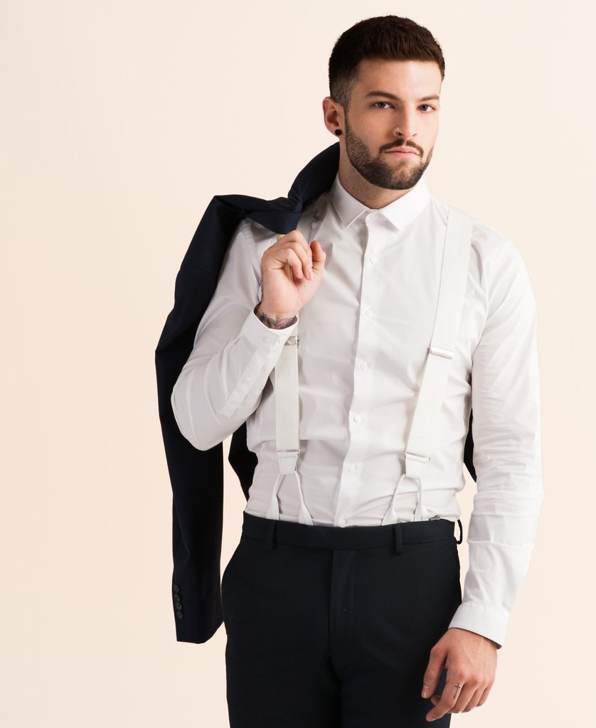 White Suspenders Genuine Leather Clip Suspenders (Button/Clip-on Wide)