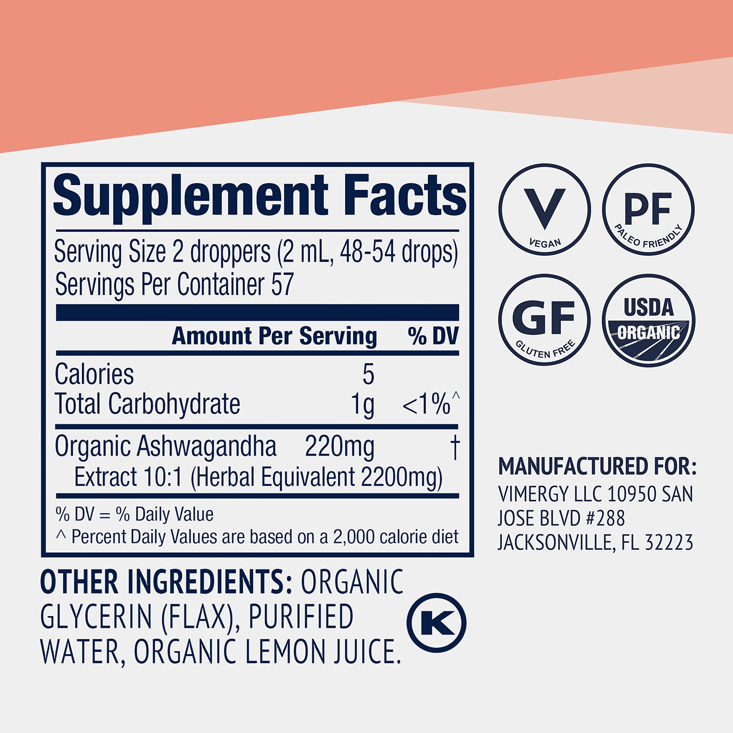 Vimergy USDA Organic Ashwagandha Liquid Extract, Trial Size - 27 Servings – Stress Supplement Drops – Adaptogen - Supports Cognitive Function – Sleep Support – Alcohol-Free, Non-GMO, Vegan (55 ml)