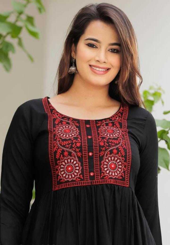 Women's Rayon Embroidery Calf Length Anarkali kurti (Black, X-Large)