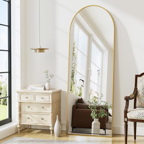 ZMYCZ Arched Floor Mirror, 65"x22" Full Length Mirror, Standing Mirror Hanging or Leaning, Body Mirror with Stand, Wall Mounted Mirror, Arched-Top Mirror with Aluminum Alloy Frame for Bedroom (Gold)