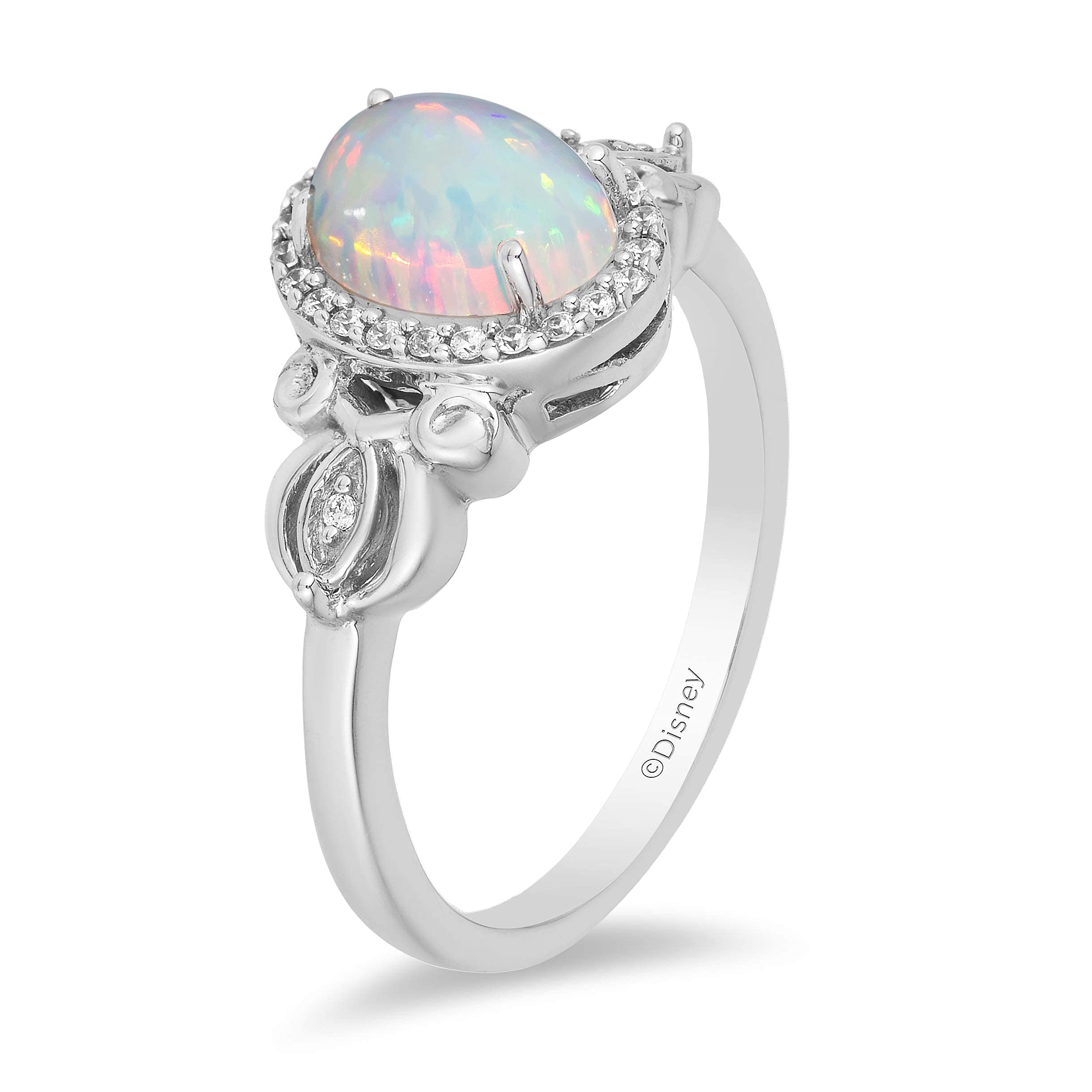 Jewelili Enchanted Disney Fine Jewelry Sterling Silver 8X6 MM Created Opal and 1/10 Cttw Natural White Round Diamond Cinderella Ring, Size 9