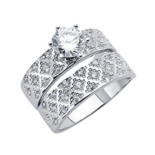 Wellingsale Ladies Solid 14k White Gold Polished Diamond Cut CZ Cubic Zirconia Engagement Ring + Wedding Band Bridal Set - Size 7.5