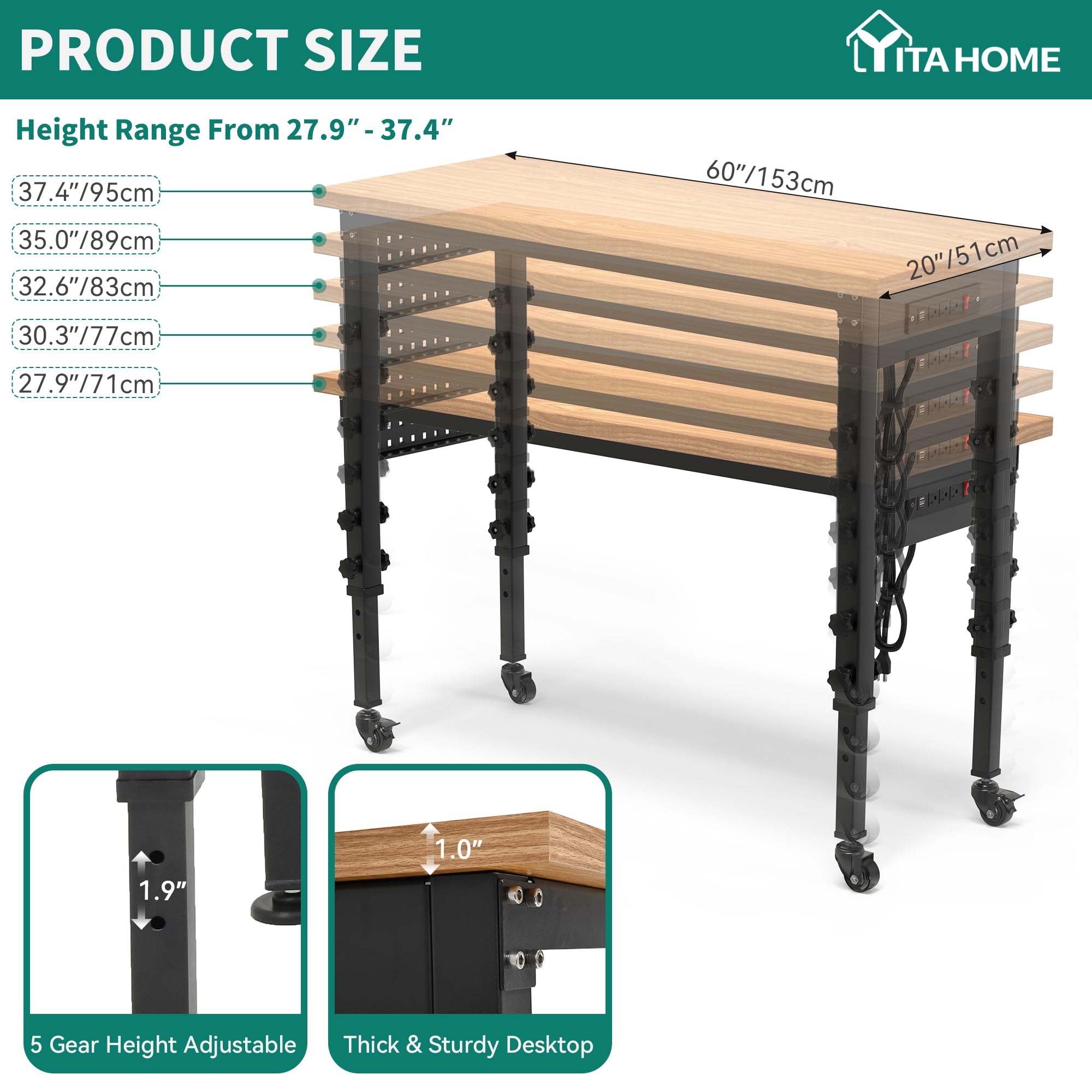 YITAHOME Work Bench 60" L X 20" W Adjustable Workbench for Garage W/Pegboard & Power Outlets Hardwood Top Heavy-Duty Workstation, 1600 LBS Load Capacity with Wheels for Workshop, Office, Home Outdoor