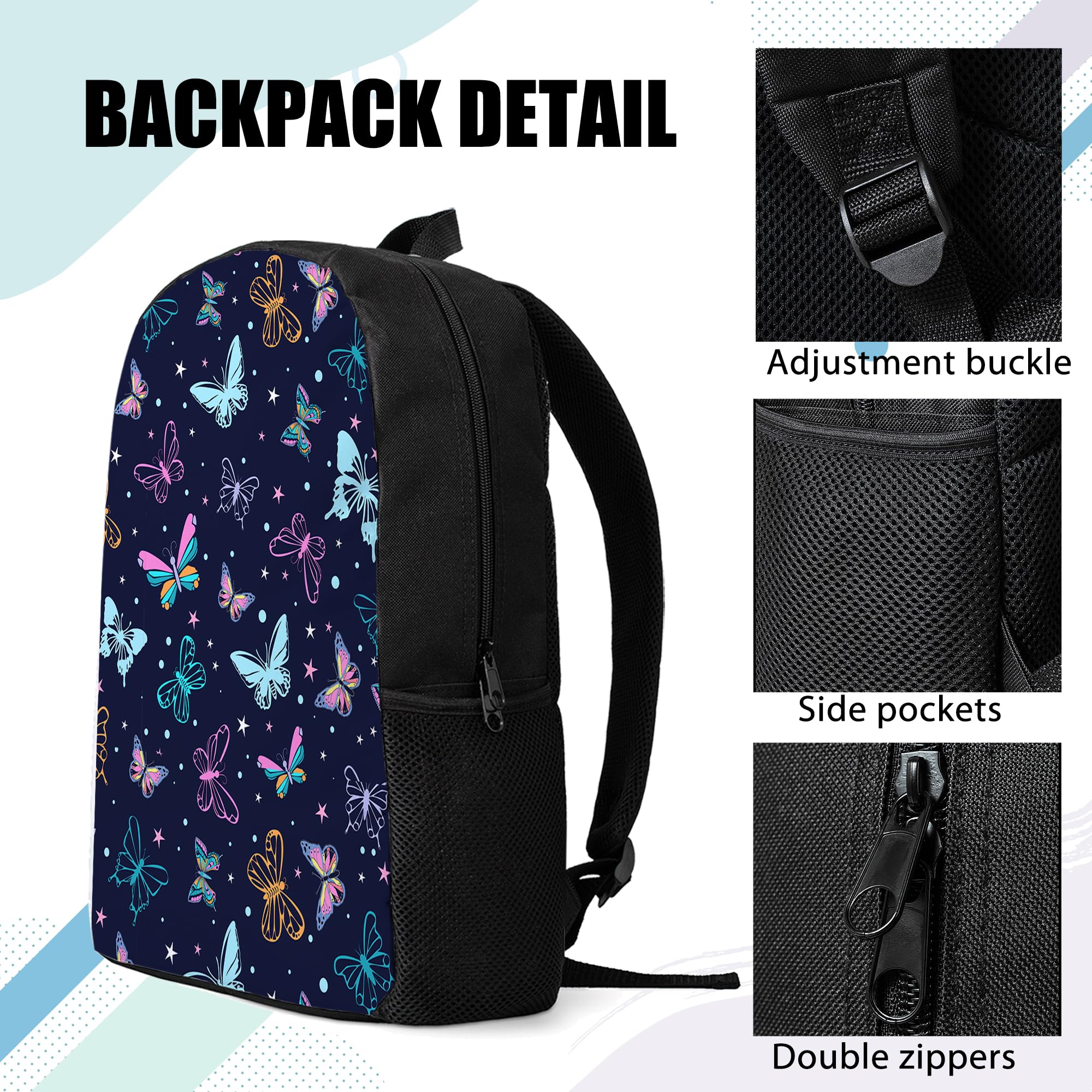 Ulbraofs Girls Backpack with Lunch Box Pencil Case, 3PCS School Backpack Set for Kids Teens, Elementary Middle School Bookbag for Boys Girls Student - Blue Butterfly