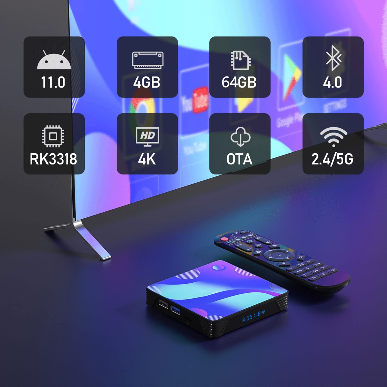 TV Box Android 11.0, YAGALA X10 TV Box with Backlit Mini Keyboard, 4GB RAM 64GB ROM RK3318 Quad-Core 64bit Cortex-A53 Support Dual-WiFi 2.4GHz/ 5GHz WiFi 4K UHD Bluetooth 4.0