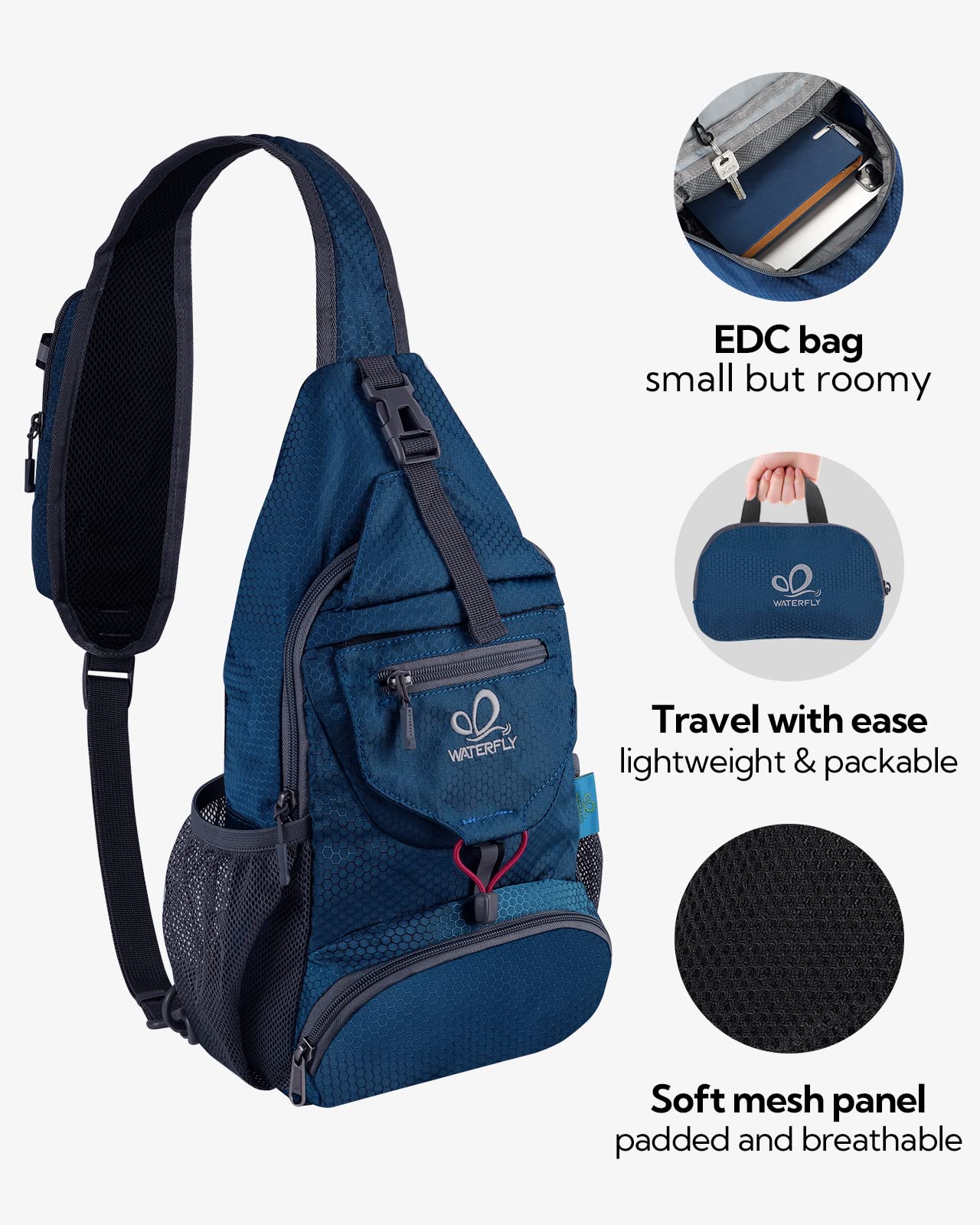 WATERFLY Packable Small Crossbody Sling Backpack Shoulder Chest Bag Daypack for Hiking Traveling Blue
