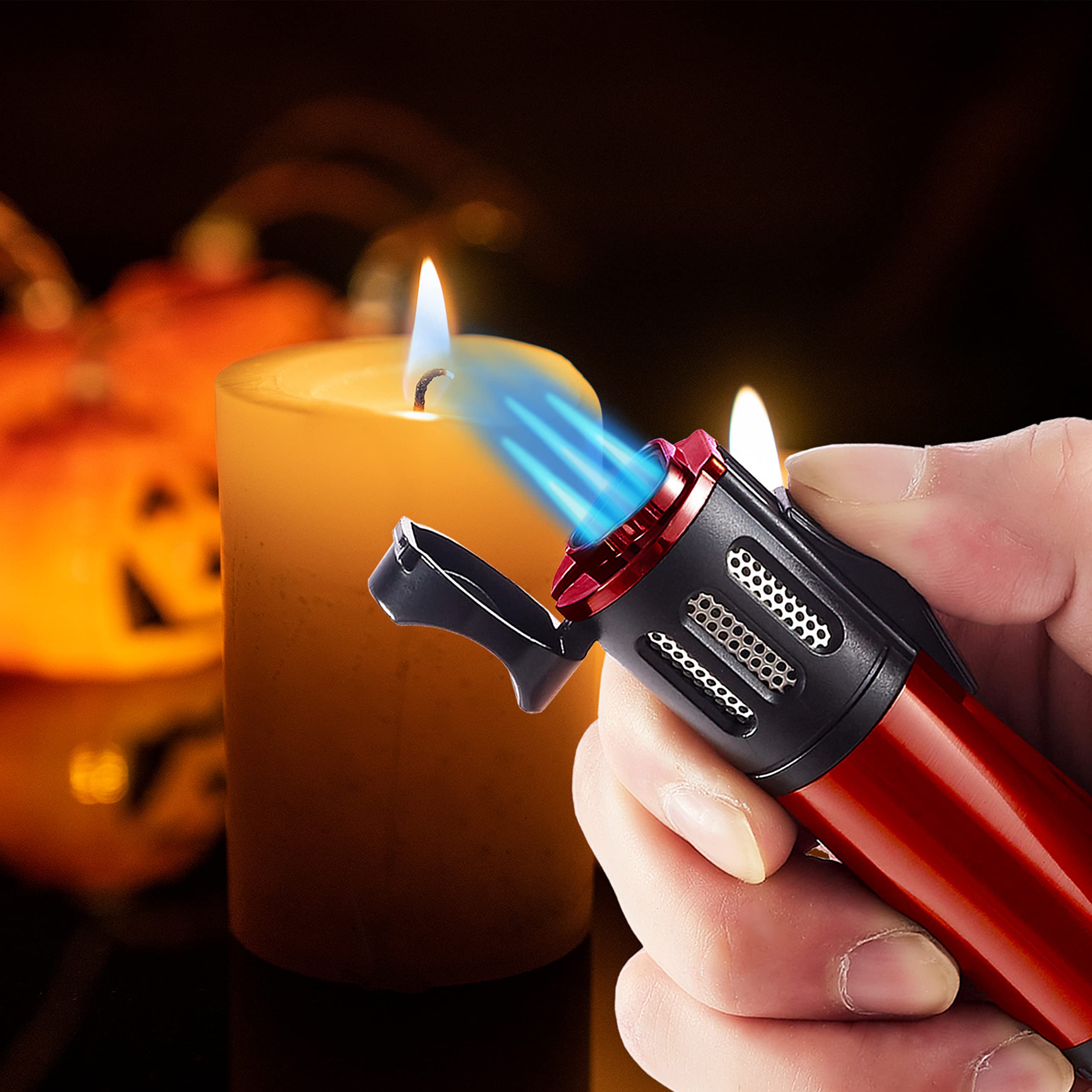 Zoocura Torch Lighter 2 Pack Triple Jet Flame Torch Butane Lighter Refillable Gas Torch Lighters Windproof Lighter Adjustable Pocket Lighter Gift for Men BBQ Kitchen Fireplace Candle(No Gas)