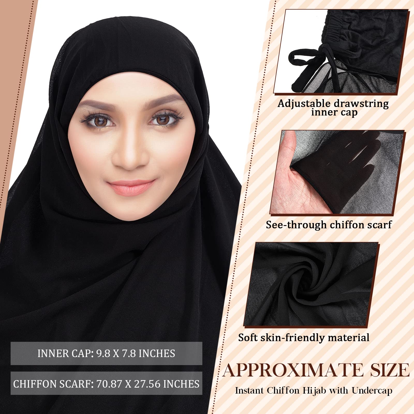 Taiyin 2 Pieces Women Hijab with Tie Back Undercap Instant Chiffon Hijab Solid Color Muslim Chiffon Head Wraps Soft Hijab for Women Muslim, Multicolor