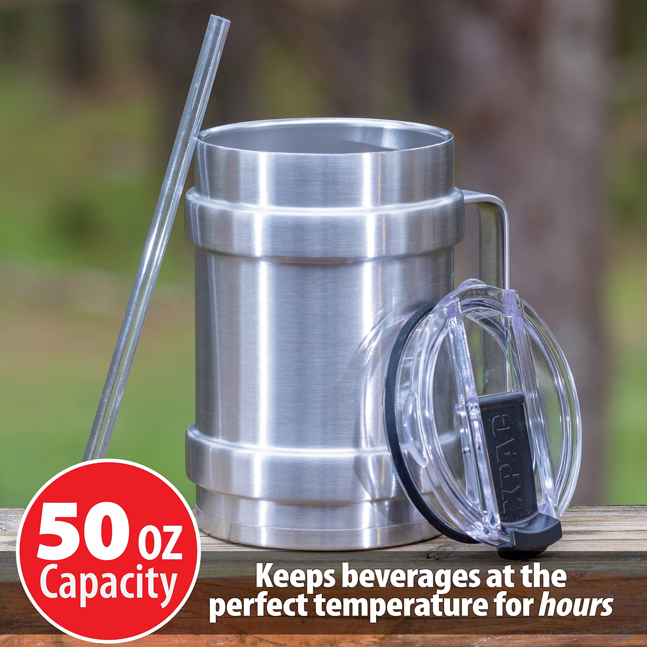 XPAC XL 50 Ounce Double Vacuum Wall Stainless Steel Vacuum Insulated Tumbler with Lid and Handle (Silver)