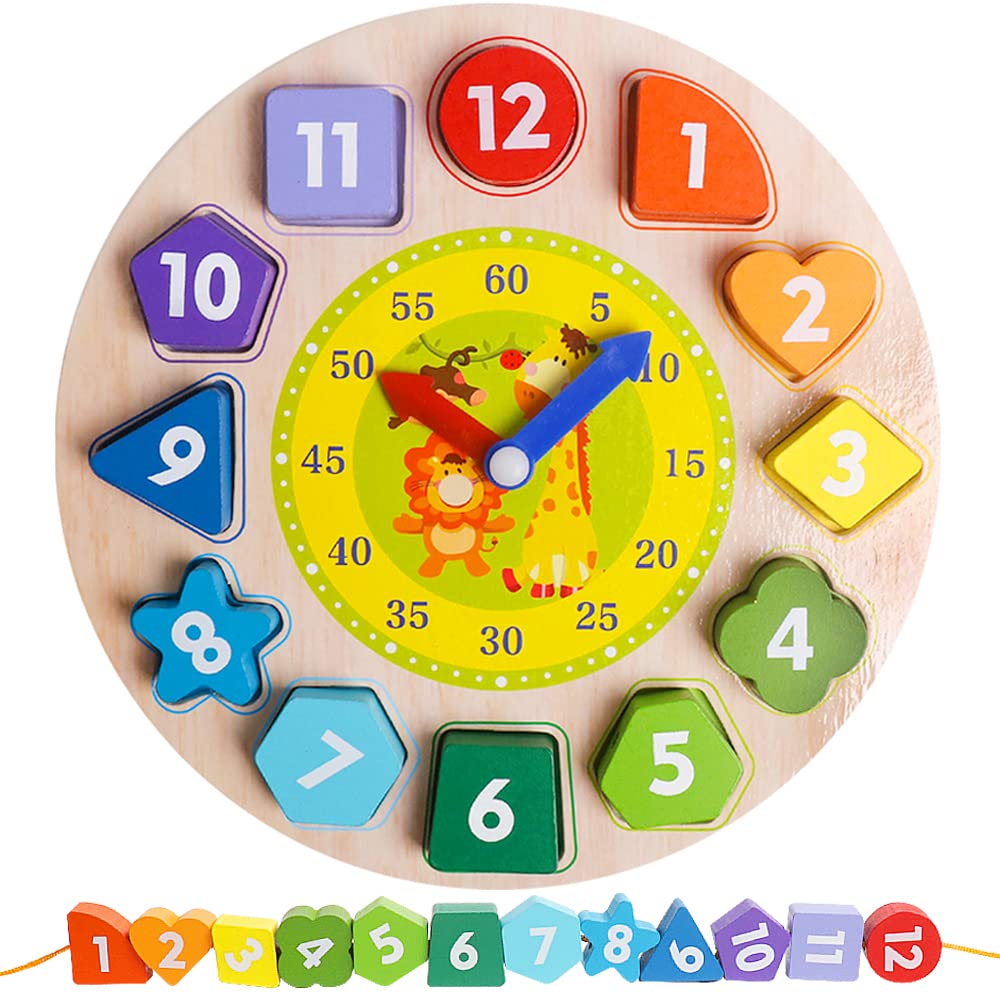 Skrtuan Wooden Shape Color Sorting Clock- Teaching Time Number Blocks Clock Shape Patterns Sorting and Animal Puzzle Montessori Early Learning Educational Toy Gift for 1 2 3 Year Old Toddler Baby Kids