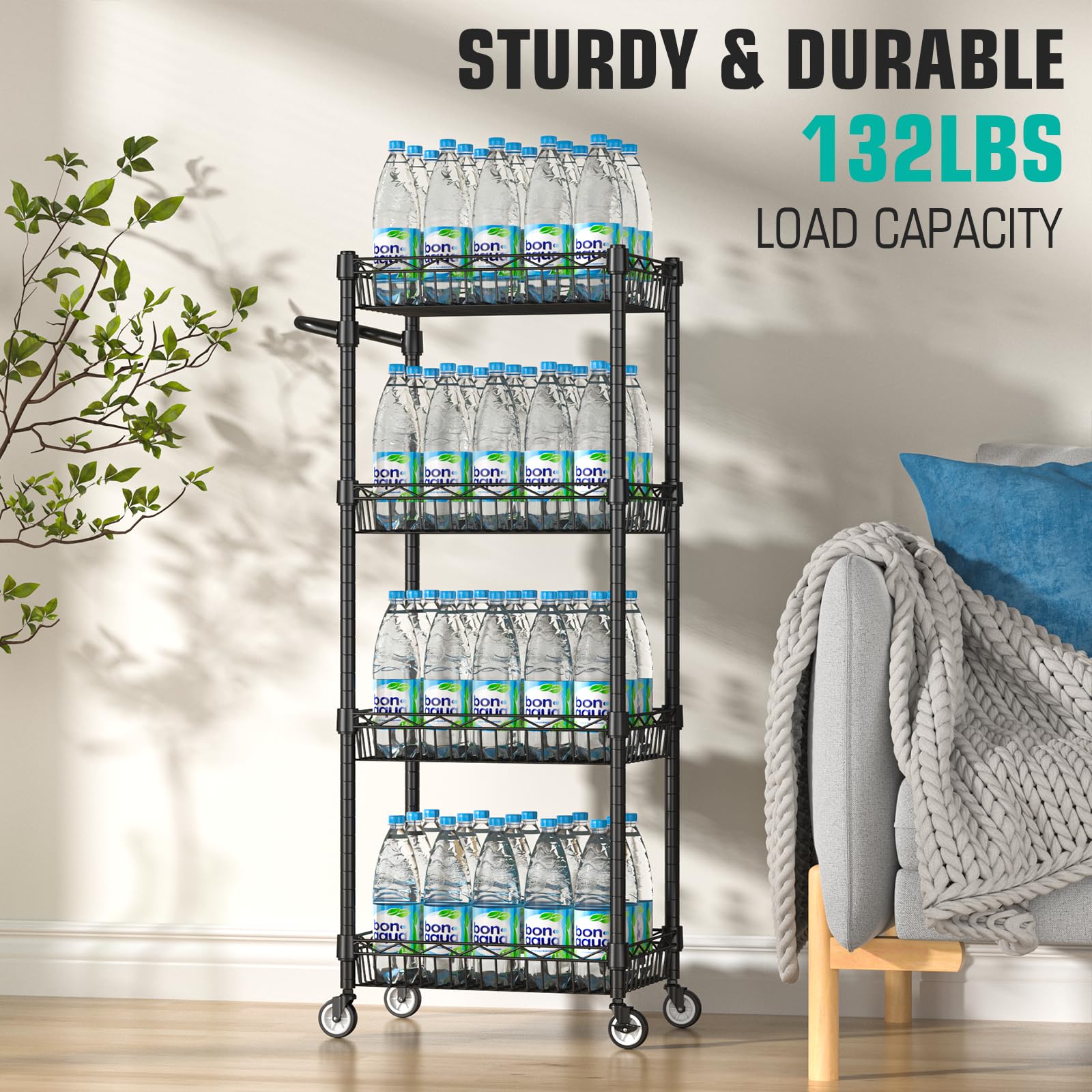 YASONIC 4-Tier Rolling Cart, Rolling Cart with Wheels, Rolling Cart Organizer with Handle, Metal Rolling Cart, Multifunctional Rolling Storage Cart, Kitchen Storage Cart, Black