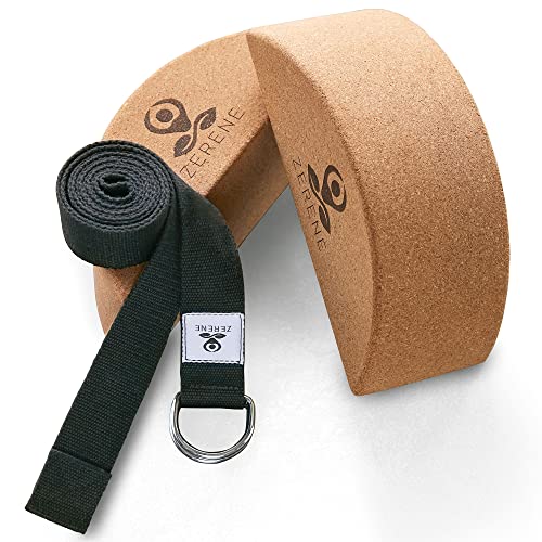Yoga Blocks (2 Pack with Strap) - Increase Core Strength with our New Half-Round Cork Yoga Block - Yoga Accessories for Beginner and Pros - Includes A Carry Bag and Yoga Strap for Extra Flexibility