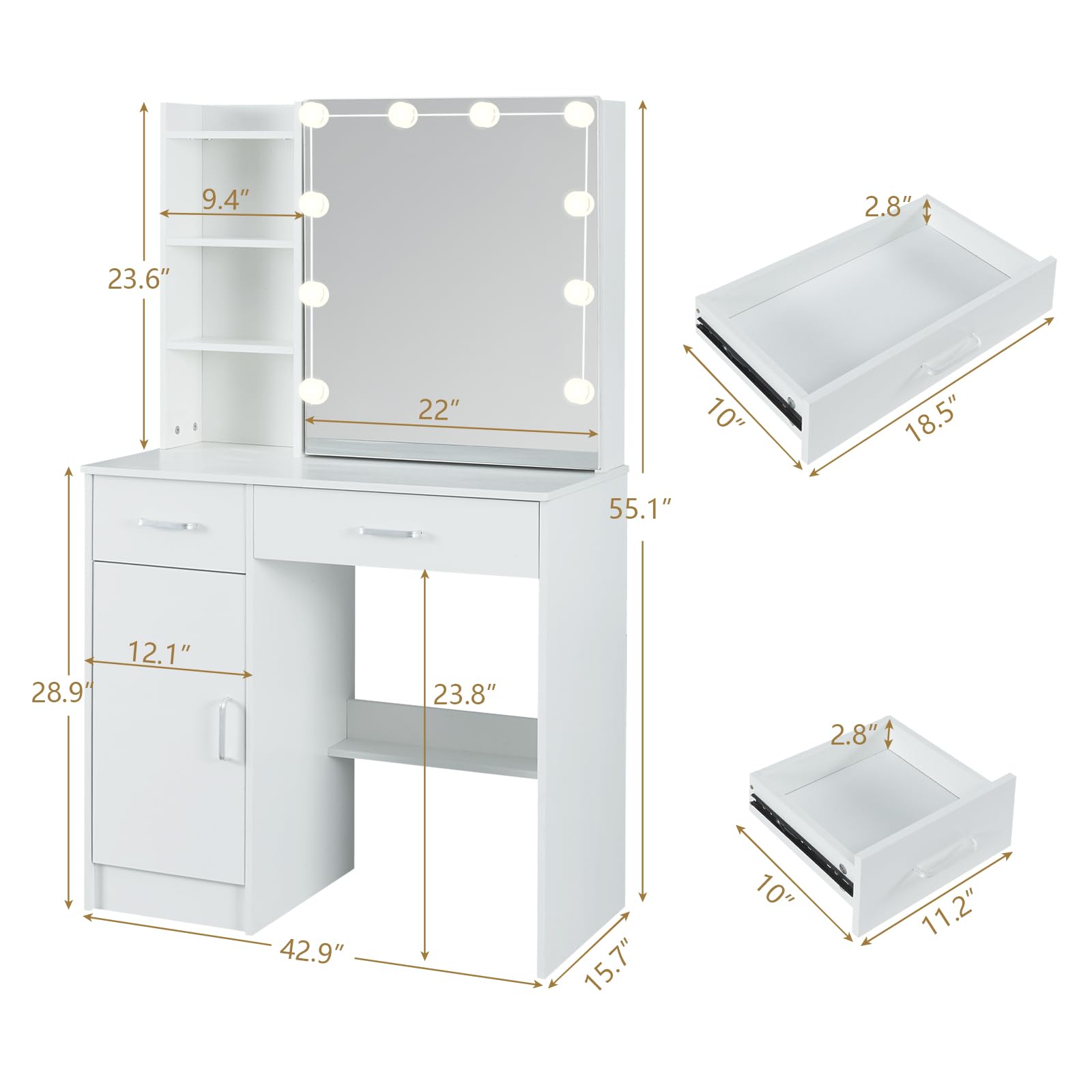 Vanity Desk, 35" W Makeup Vanity with Light & Mirror - 3 Lighting Modes Brightness, Large Drawer & Two Level Storage, Hidden and Open Shelves