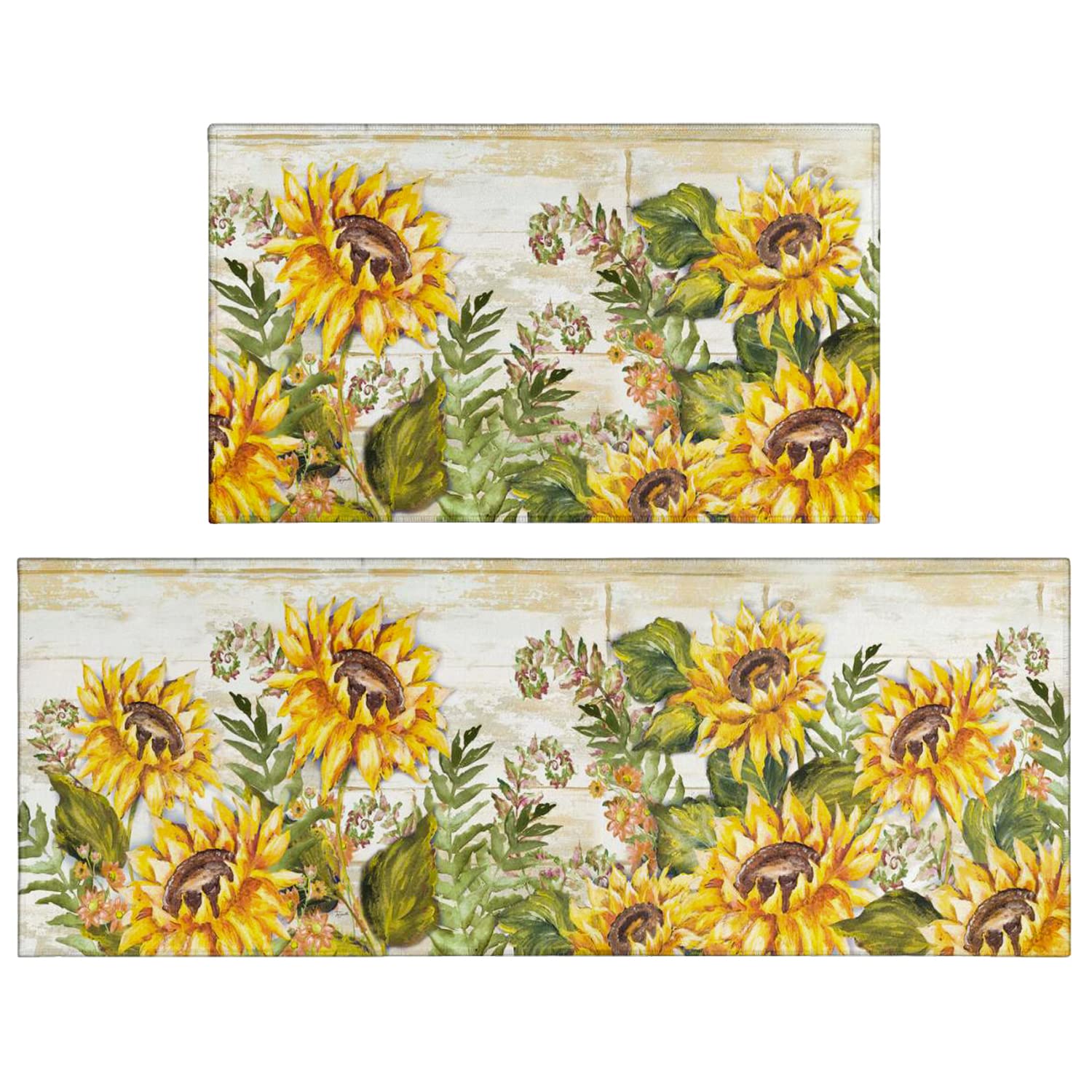 Xsinufn Sunflower Farmhouse Kitchen Rugs Set 2 Piece Colorful Summer Flowers Decorative Rug for Kitchen Low-Profile Floor Mats Decorations for Home Kitchen (17"x48"+17"x30")