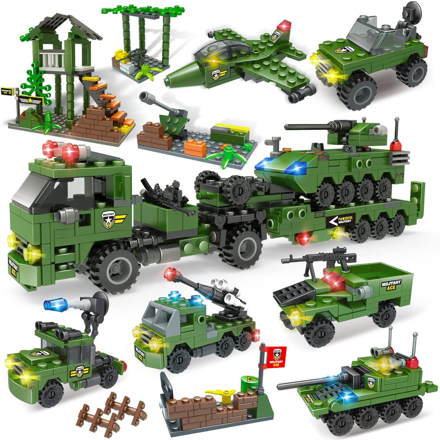 WishaLife City War Military Base Building Set, with Tank Transport Truck, Army Vehicle, Airplane, Toy Gift for Kids Boys Girls age 6+ (990 PCS)