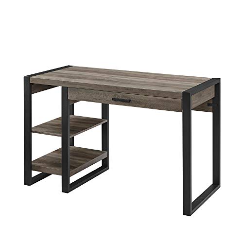 Walker Edison Modern Industrial Computer Gaming Desk Office Storage Shelves and Drawer with Electrical Outlet Home Office, 48 Inch, Grey Wash