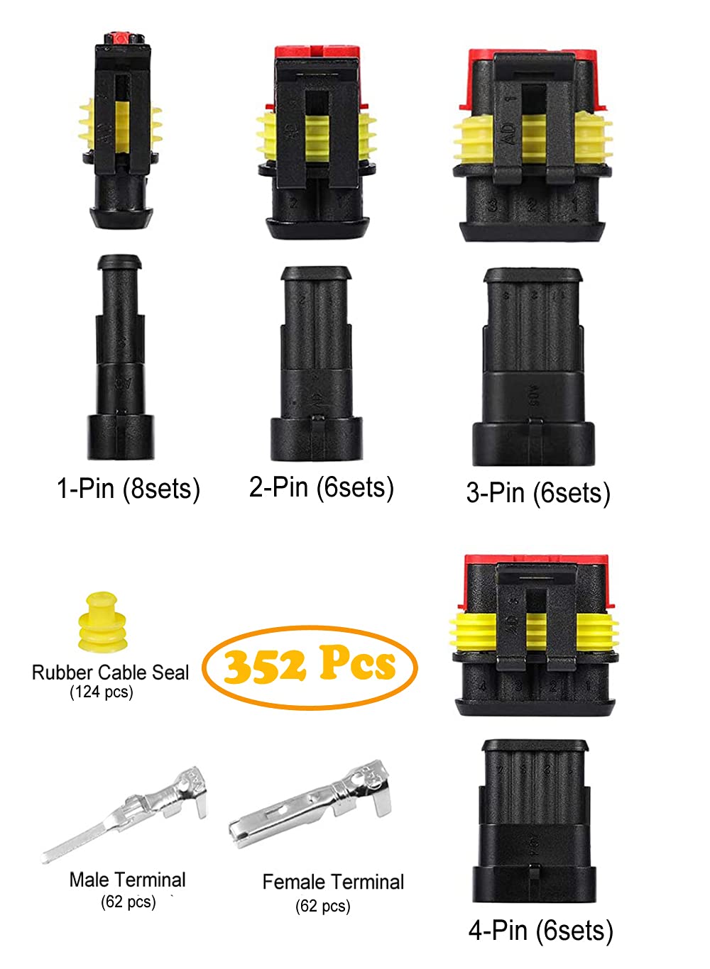 Twippo 352Pcs Waterproof Electrical Connector Terminals Automotive Electrical Wire Connectors 1/2/3/4 Pin Connector with Ratchet Crimping Tool