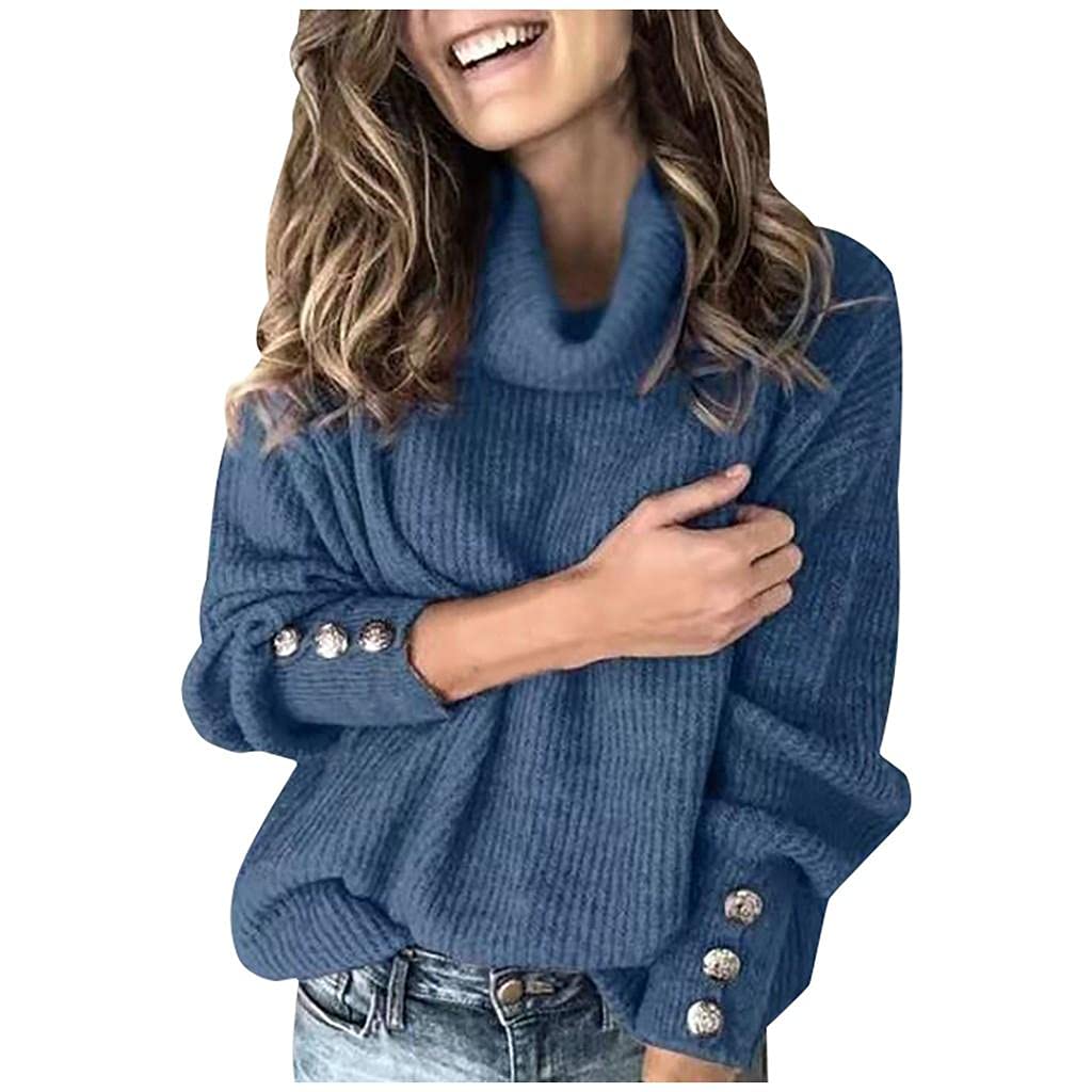 Womens Sweaters Cardigan,Cardigan for Women Fall 2021 Winter Women’s Long Sleeves Knit Sweater Turtleneck Striped Print Loose Pullover Tops Deco with Metal Button