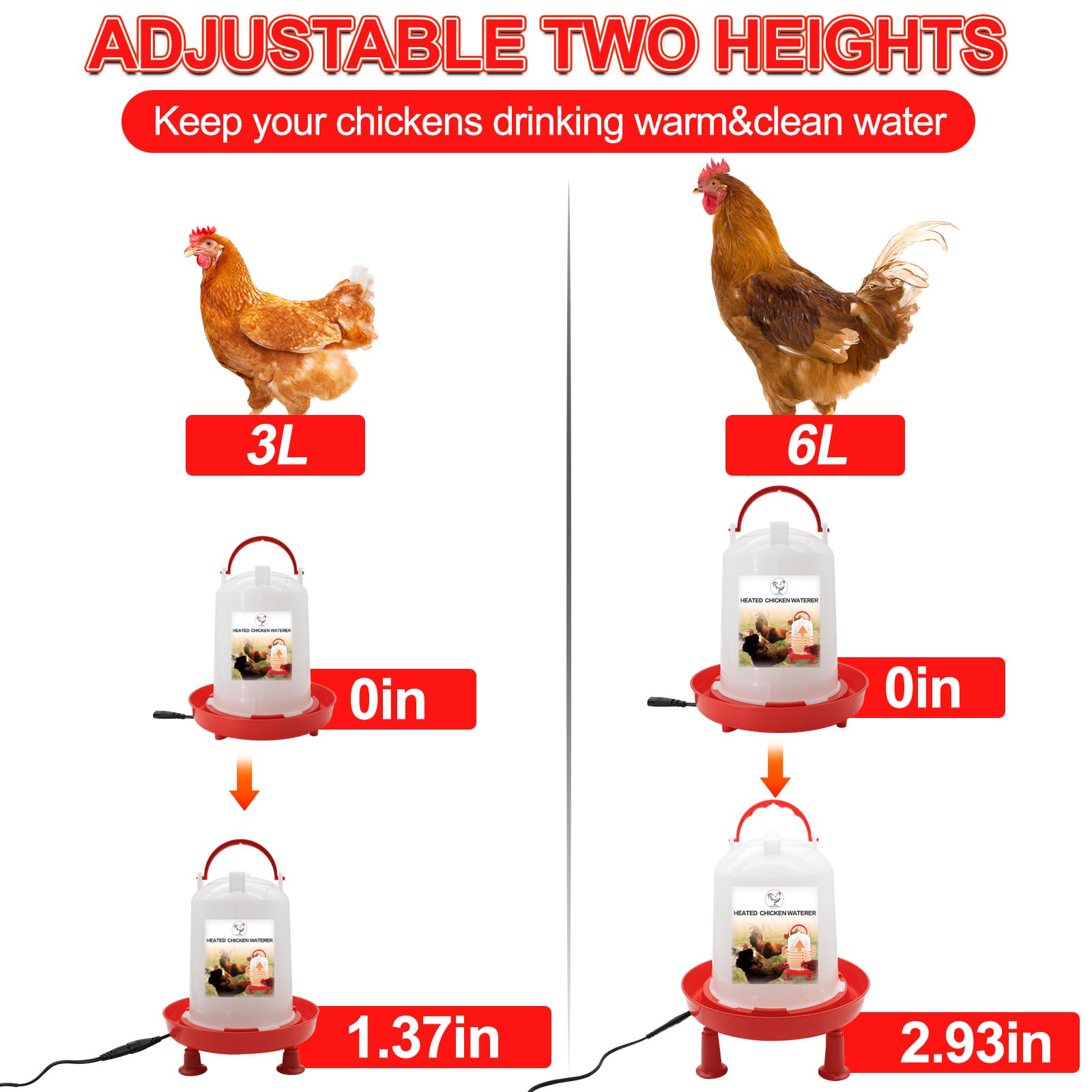 WISMOIER Heated Chicken Waterer - 35W Constant Temperature Heated Plastic Poultry Fountain with 2 Adjustable Heights - 3L Poultry Waterer for Chicken Coop Accessories in Winter