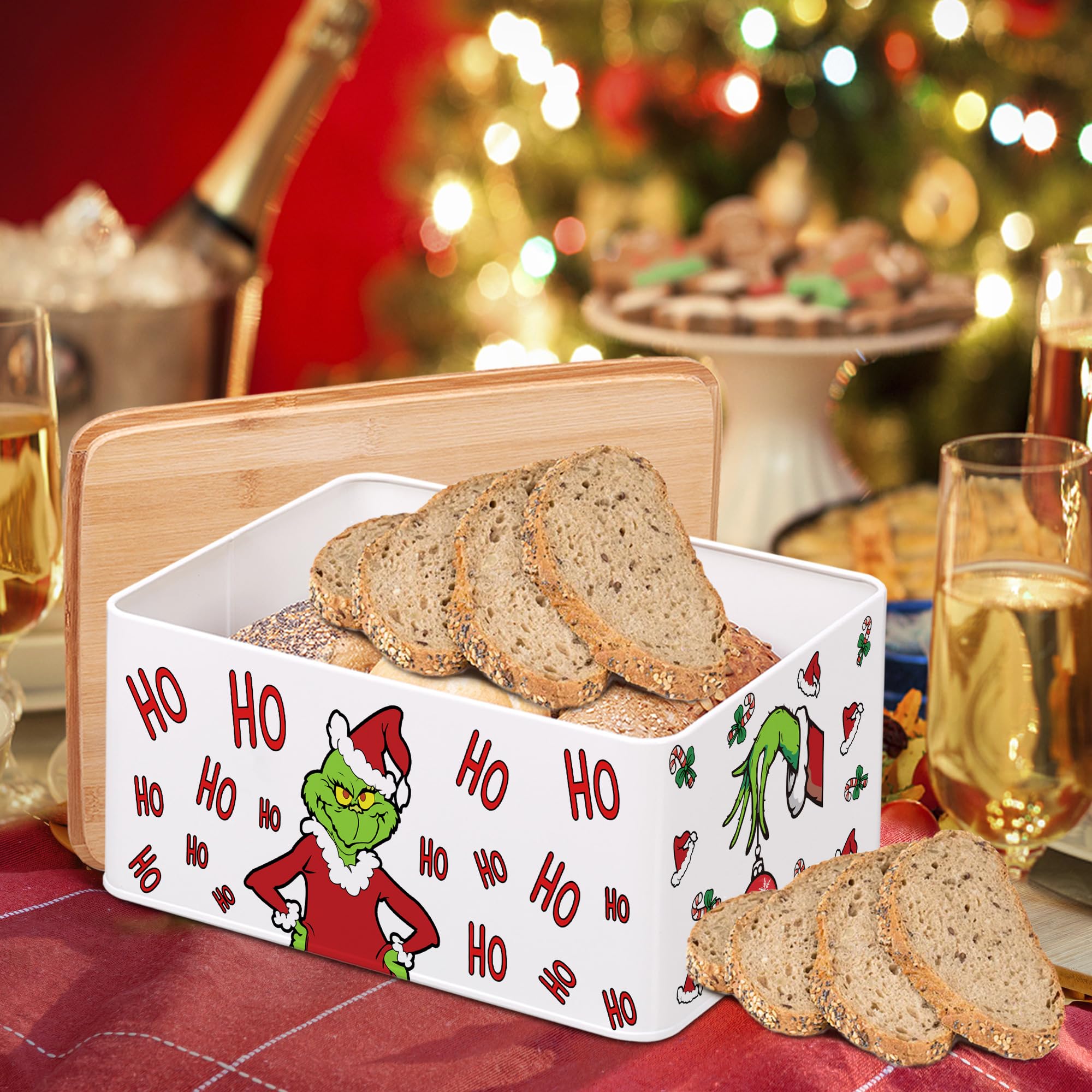 Two Bros. Repellent NOVIIML ead Box with Bamboo Cutting Board Lid, Modern Metal Bread Storage Container for Christmas Kitchen Decor, Christmas Kitchen Table Decorations Indoor Dining Room, for Women