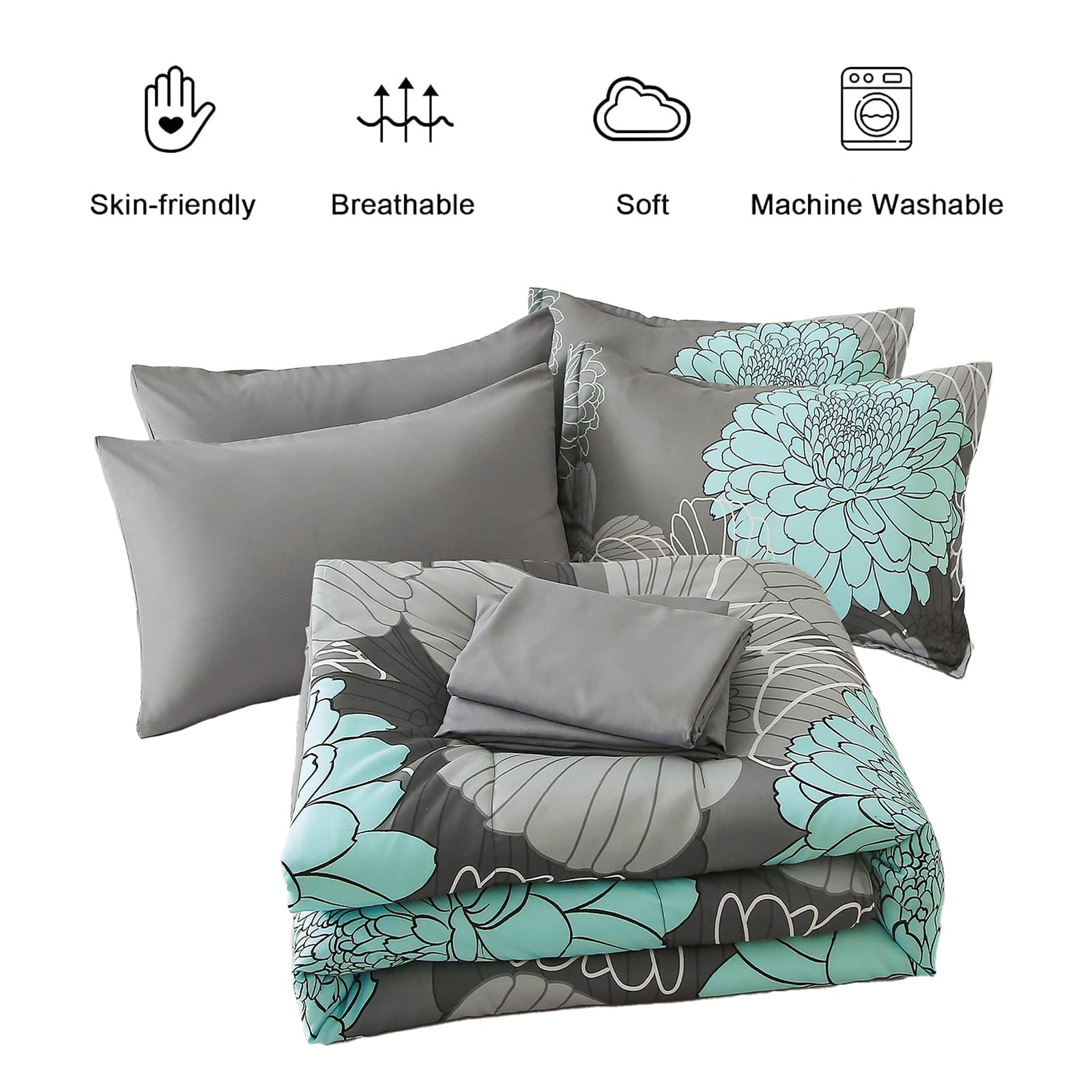 Yiran 7 Pieces Bed in a Bag Floral Comforter Set Queen Flowers Bedding Set Soft Microfiber Comforter Sets with 1 Comforter 1 Flat Sheet 1 Fitted Sheet 2 Pillowshams and 2 Pillowcases