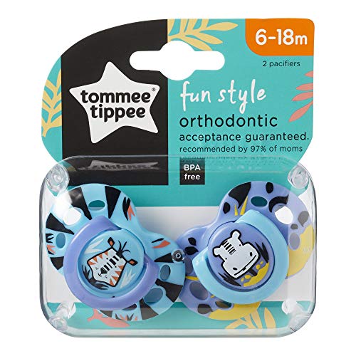 Tommee Tippee Fun Style Pacifiers, Symmetrical Design, BPA-Free Silicone Binkies, 6-18m, 2 Count, Colors and Designs Vary
