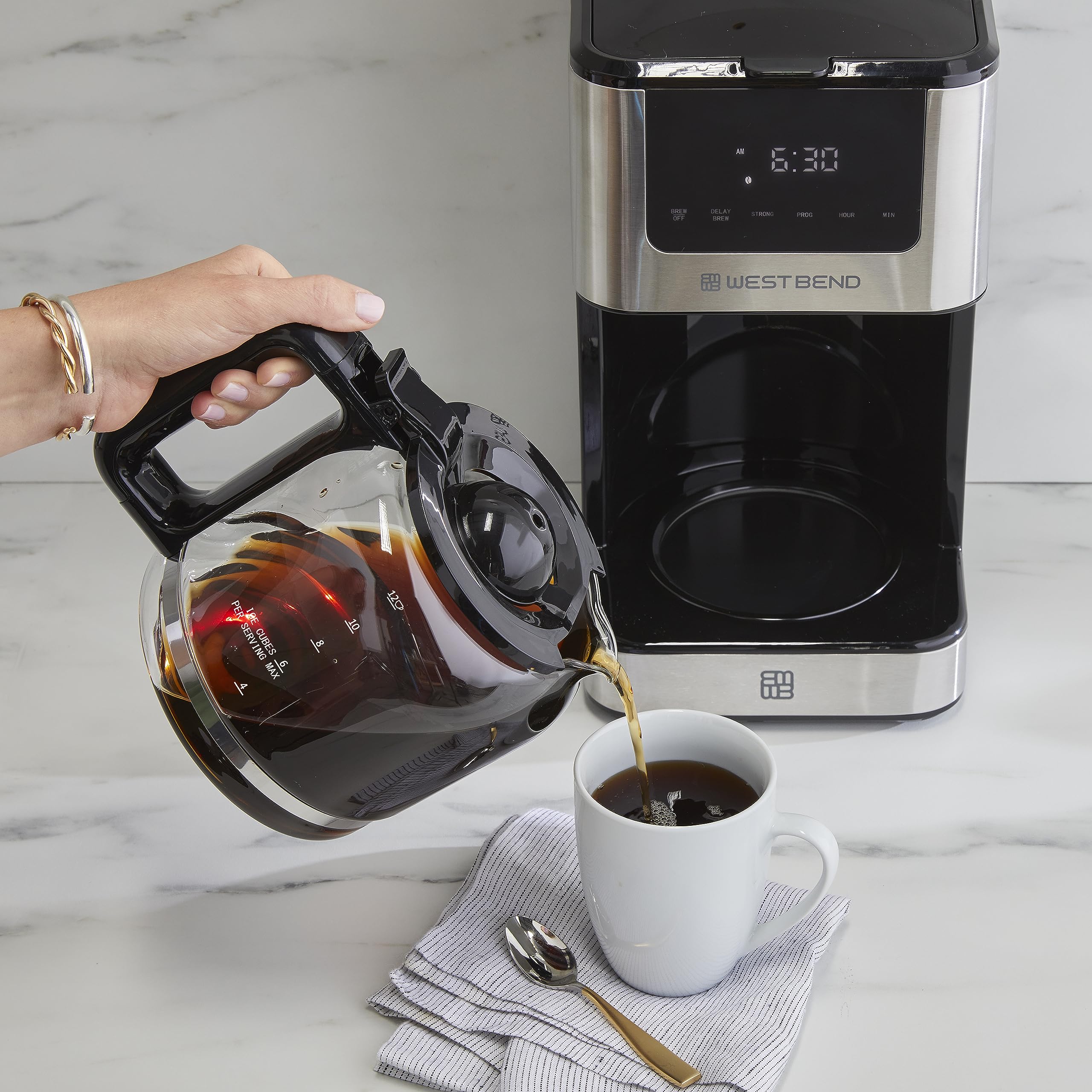 West Bend Drip Coffee Maker Brews Hot or Iced, Programmable with Brew Strength Selector Auto Shut-Off and 6 Functions Permanent Mesh Filter and Glass Carafe, 12-Cup, Metallic,Silver