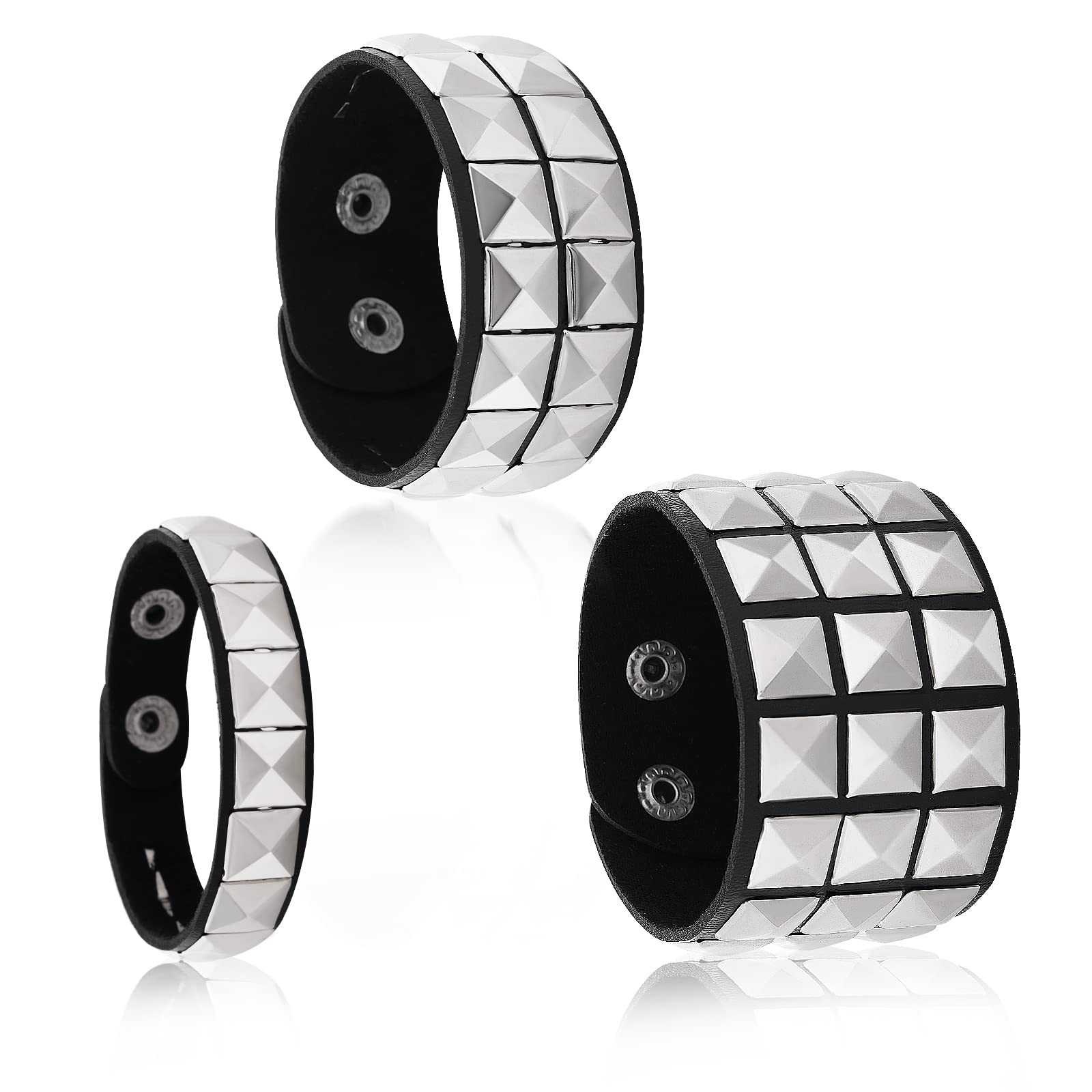Yolev Black Leather Studded Punk Bracelet 3 Pieces 80s Vintage Adjustable Rivet Wristband Gothic Punk Rock Bracelet